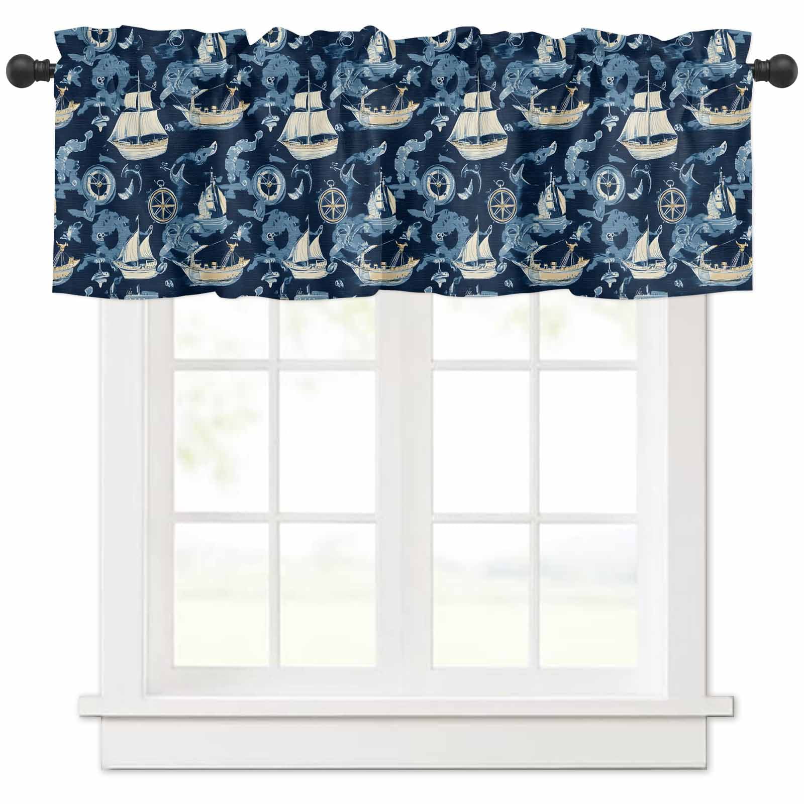 Navy Blue Coastal Valances for Windows Farmhouse Kitchen Curtains ...