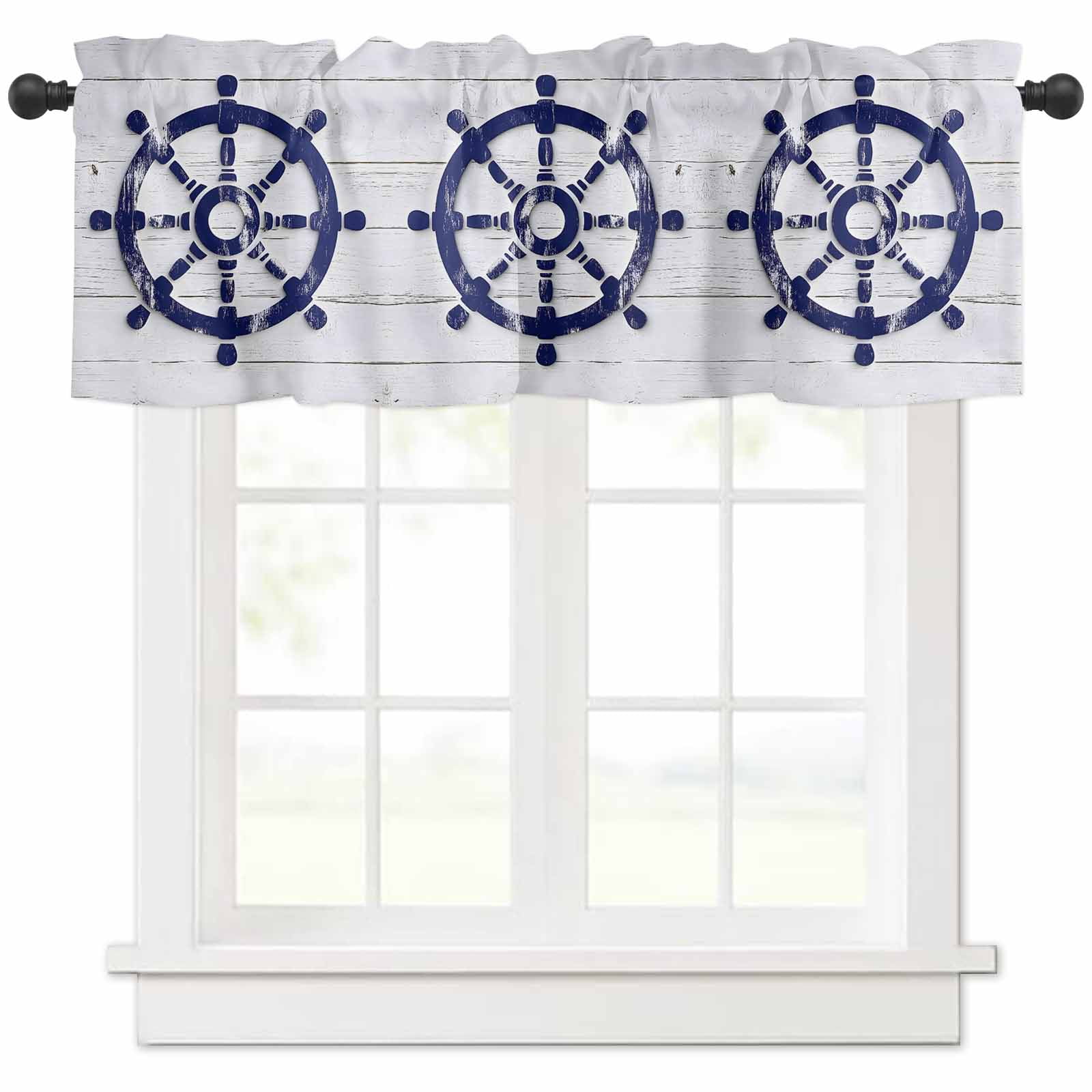 Navy Blue Coastal Valances for Windows Farmhouse Kitchen Curtains ...