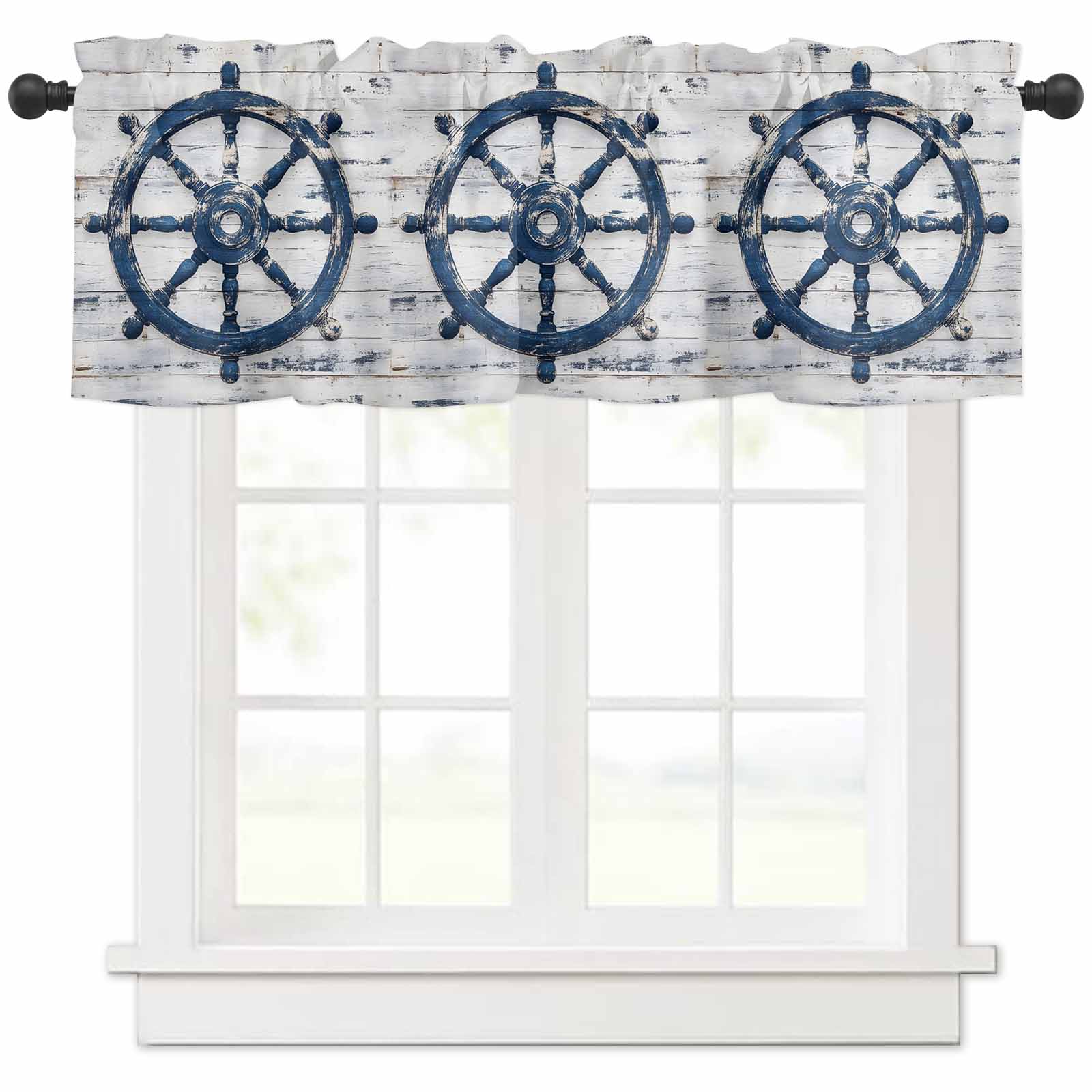 Navy Blue Coastal Valances for Windows Farmhouse Kitchen Curtains ...