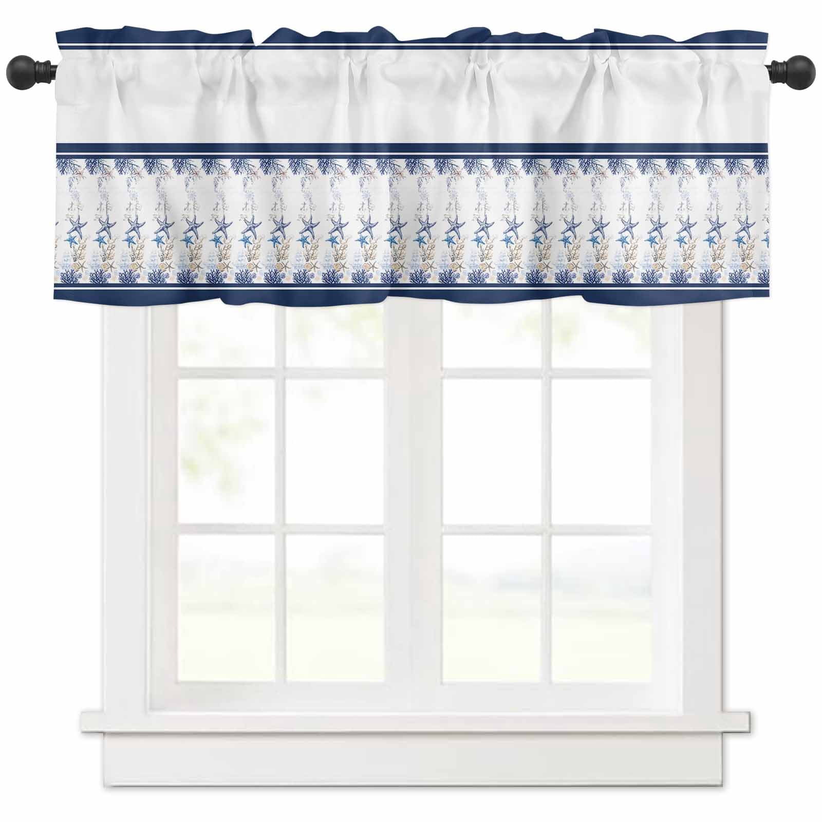 Navy Blue Coastal Valances for Windows Farmhouse Kitchen Curtains ...
