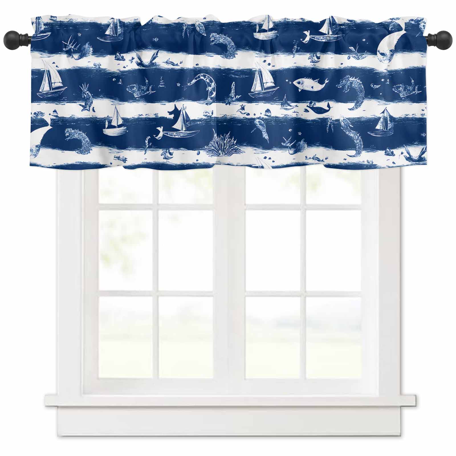 Navy Blue Coastal Valances for Windows Farmhouse Kitchen Curtains ...