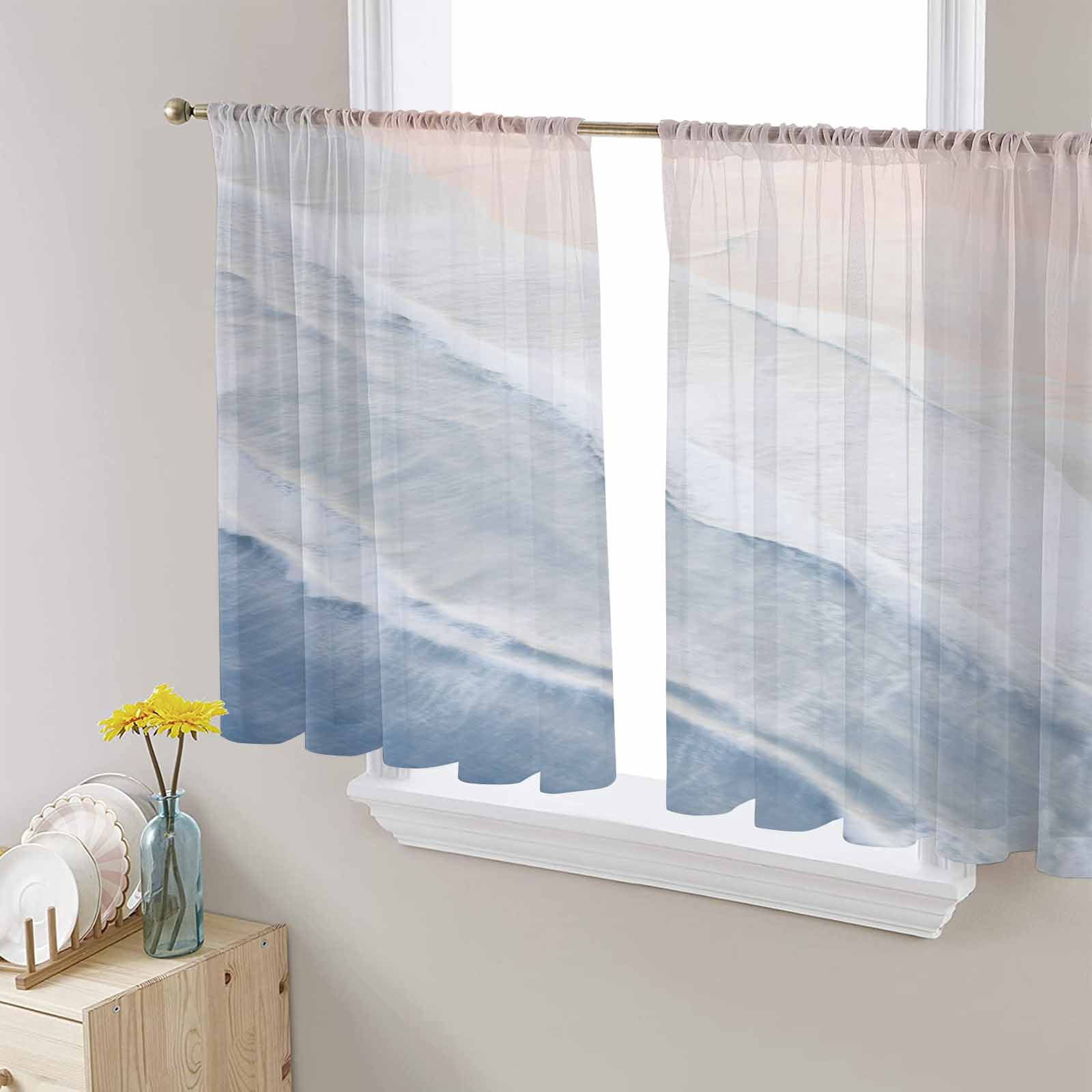 Navy Blue Coastal Wave Semi Sheer Curtains 45 Inch Length 2 Panels Set ...