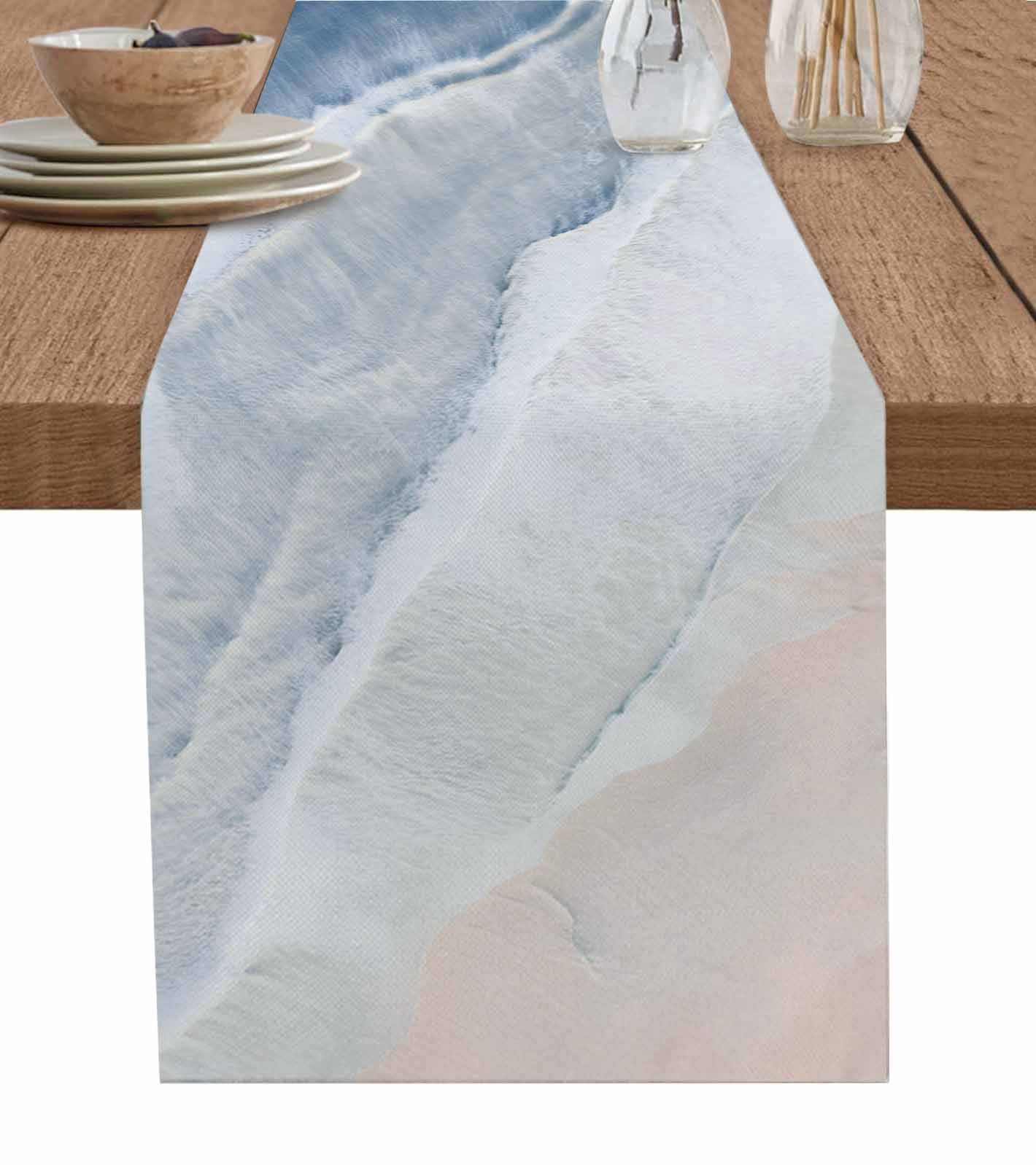 Navy Blue Coastal Wave Table Runner 72 Inch Long Dresser Scarves Cotton ...