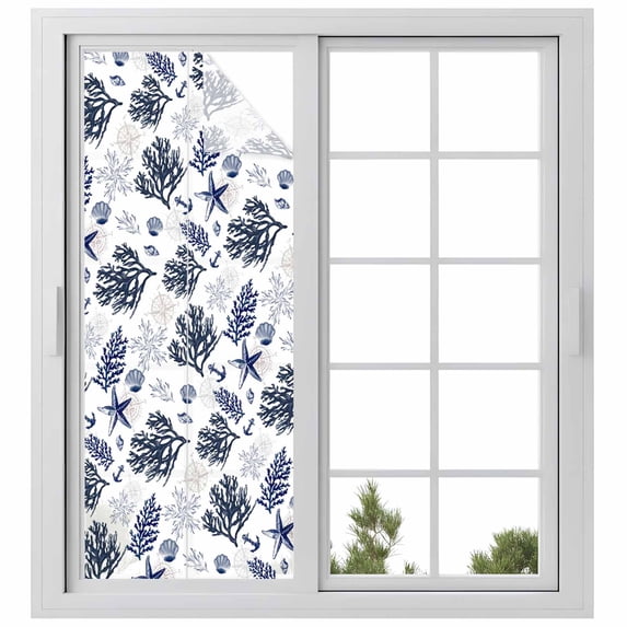 Navy Blue Coastal Window Privacy Film, Coral Shell Summer Beach ...