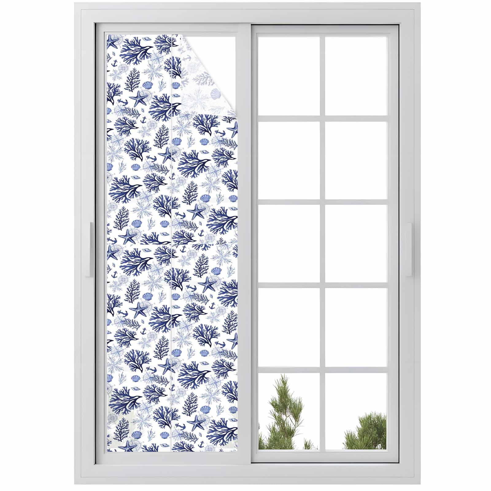 Navy Blue Coastal Window Privacy Film, Coral Starfish Seaside Summer ...