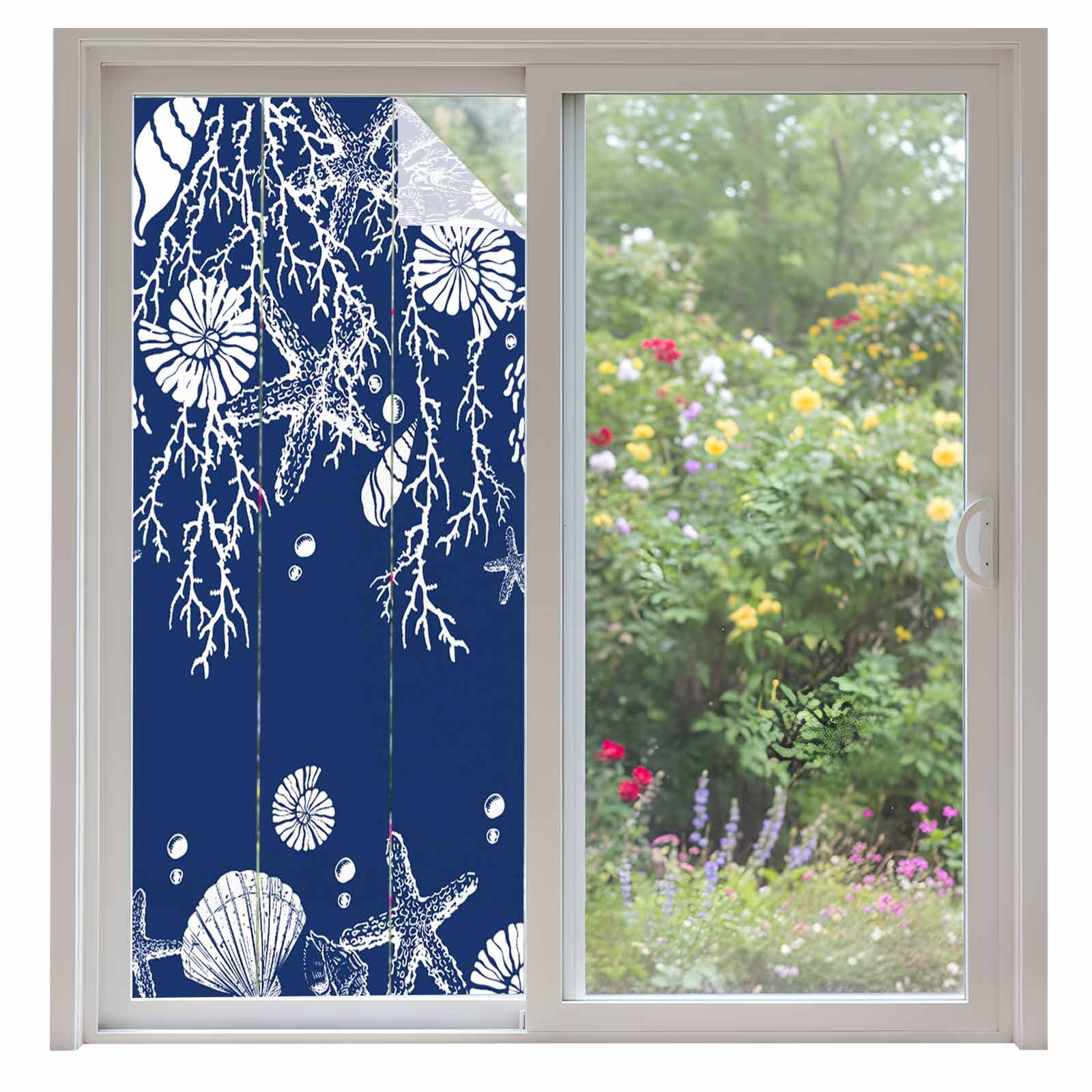 Navy Blue Coastal Window Privacy Film, Starfish Coral Ocean Conch Sea ...