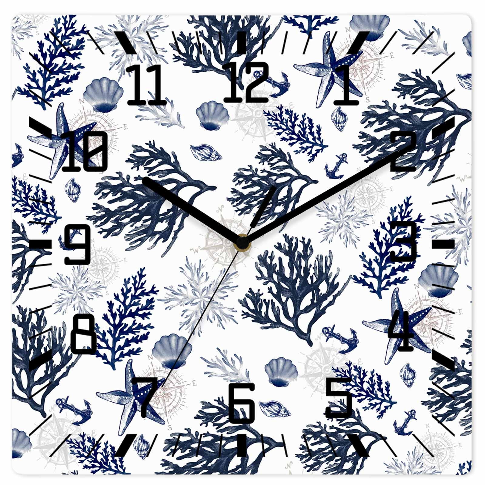 Navy Blue Coastal Wooden Wall Clock Silent Non Ticking, Coral Shell ...