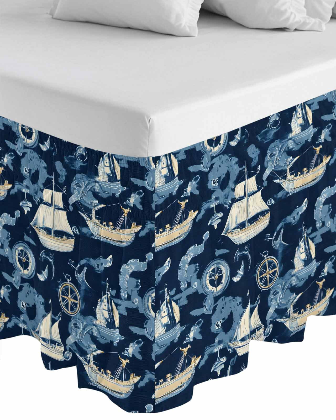 Navy Blue Coastal Wrap Around Bed Skirts for King Bed 16" Drop,Bed ...