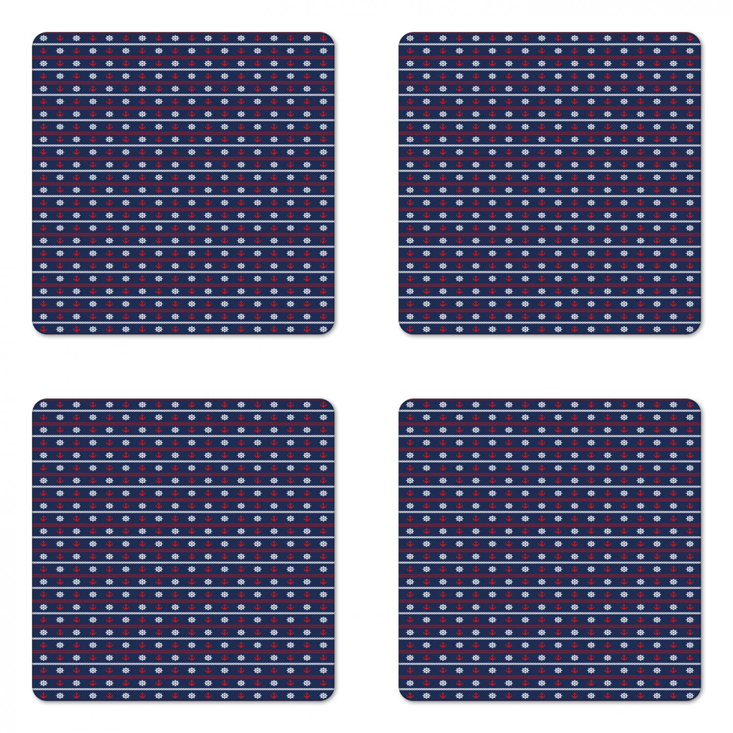 Navy Blue Coaster Set of 4, Horizontal Borders with Nautical Elements ...