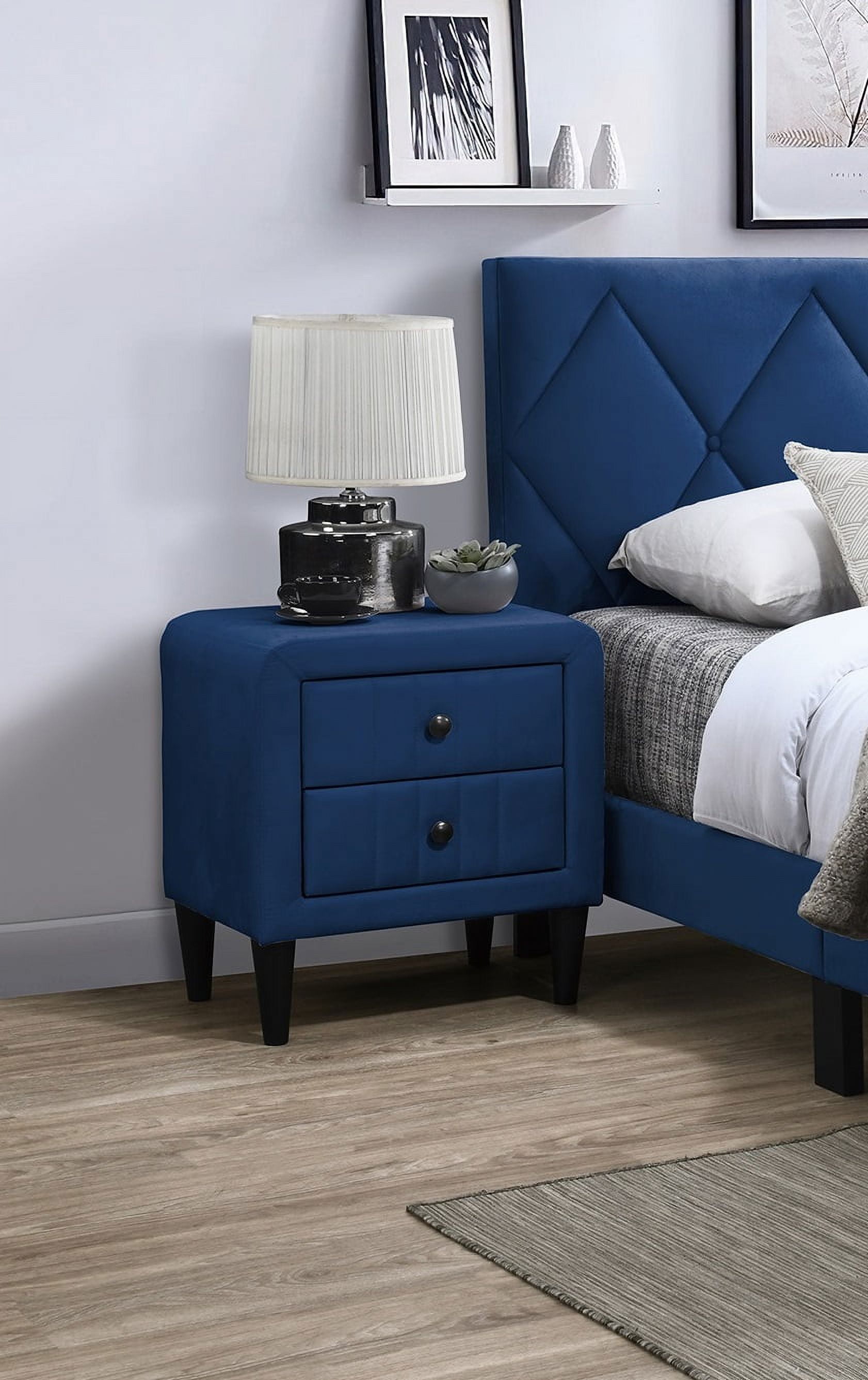 Navy Blue Color Velvet Gorgeous 1pc Nightstand Bedside Table 2x Drawers ...