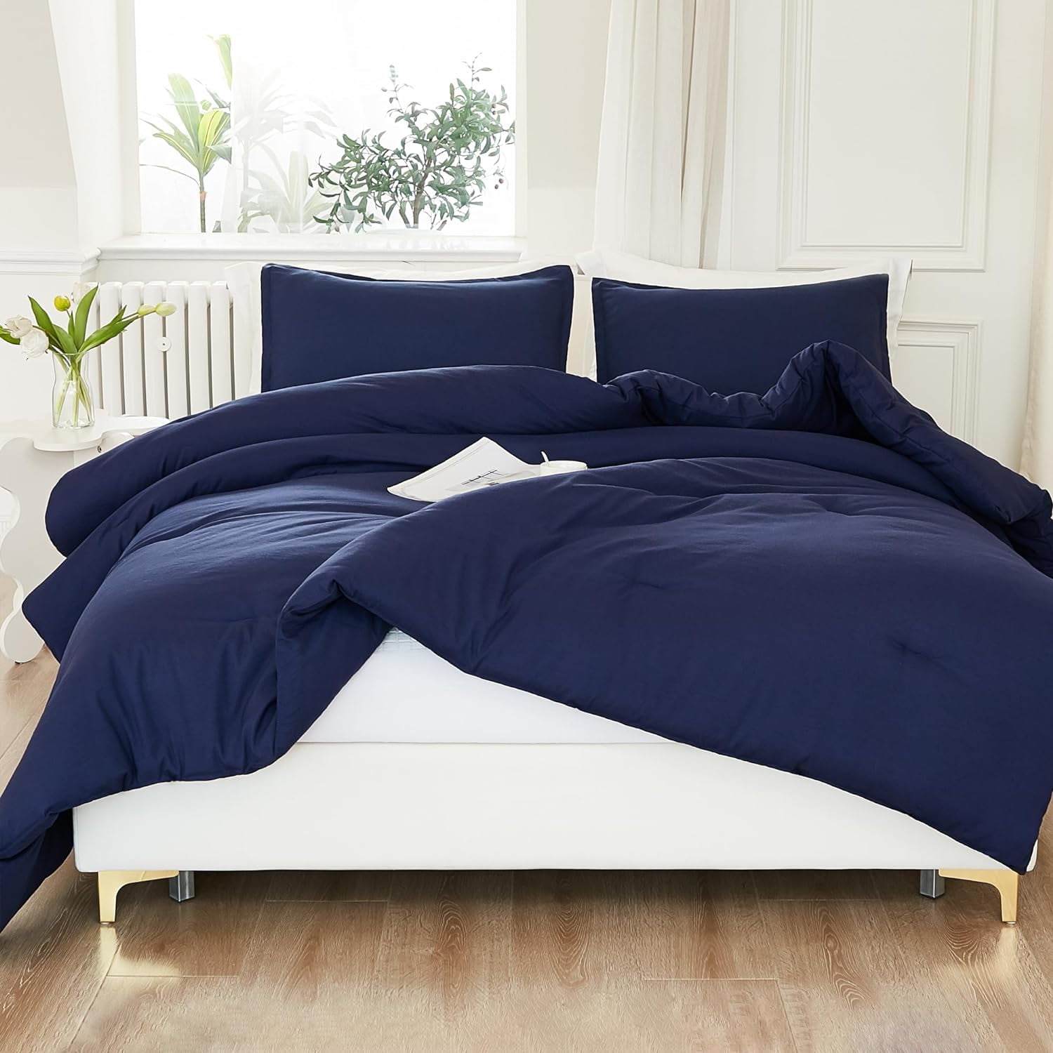 Navy Blue Comforter Set Queen Size, 3 Pieces Lightweight Solid Bedding ...