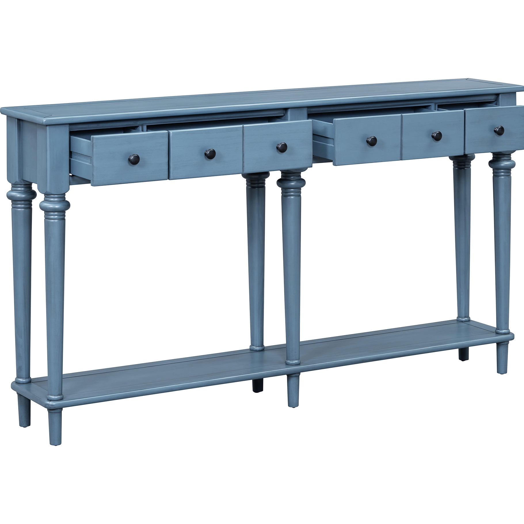 Navy Blue Console Table. 4 And Open-shelf Layout. Vintage Flair With ...