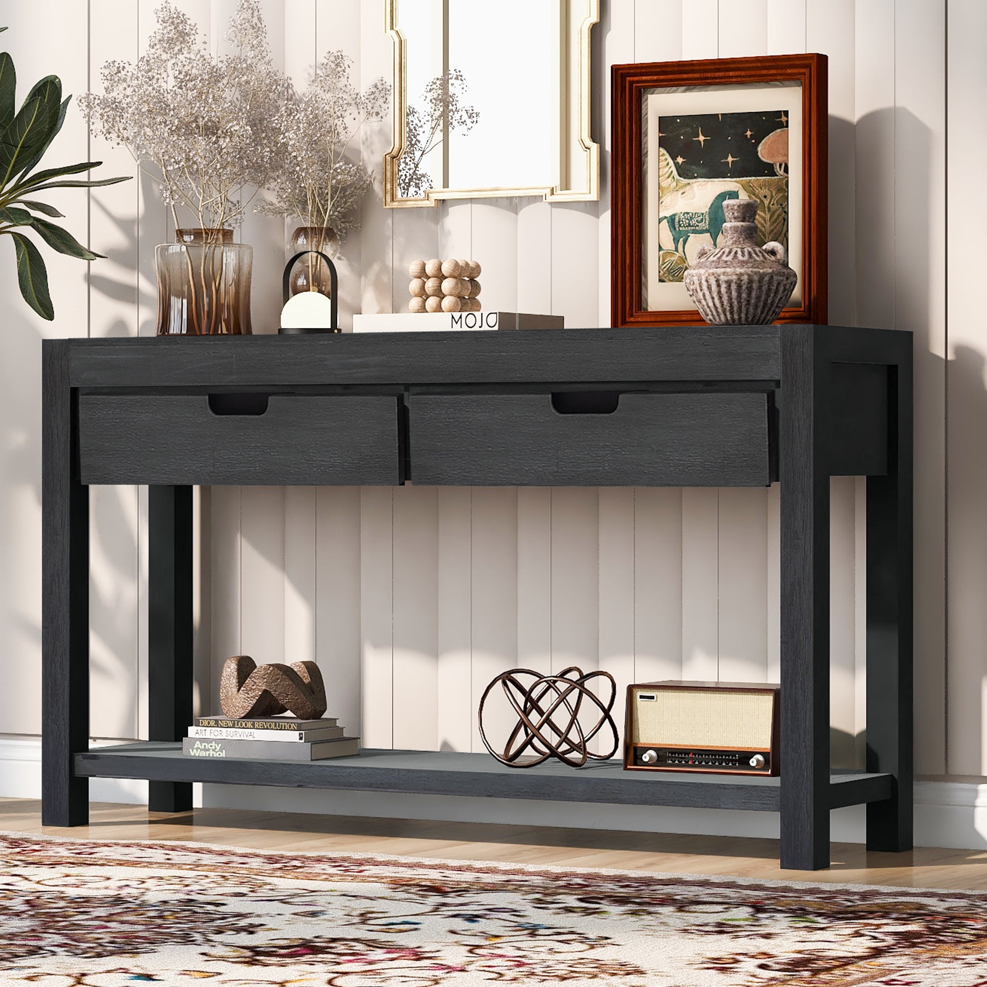 Navy Blue Console Table with 2 Drawers & Shelf for Entryway or Living ...
