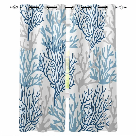 Navy Blue Coral Coastal Blackout Curtains 45 Inches Long, Summer Beach ...