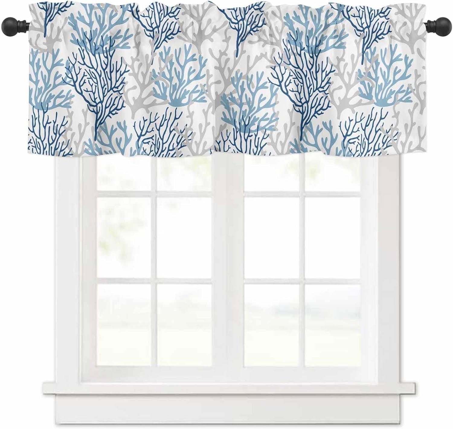 Navy Blue Coral Coastal Farmhouse Short Window Curtain Valances, Summer ...