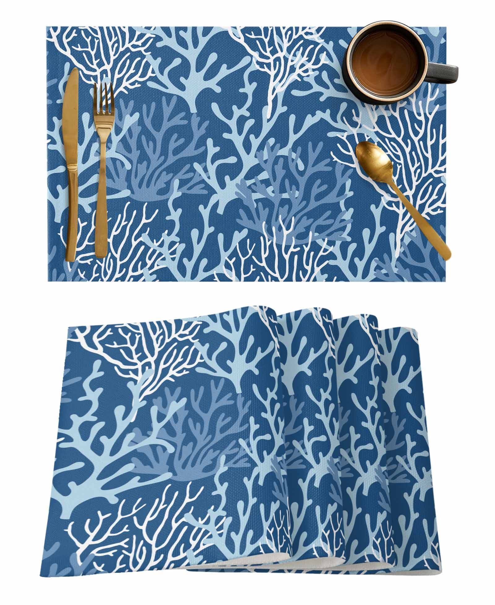 Navy Blue Coral Coastal Placemats Set of 4, Ocean Nautical Seaside ...