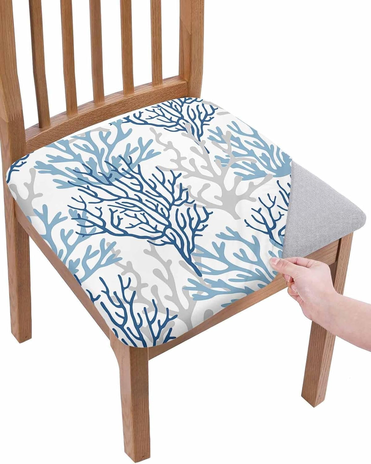 Navy Blue Coral Coastal Seat Covers for Dining Chairs, Summer Beach ...