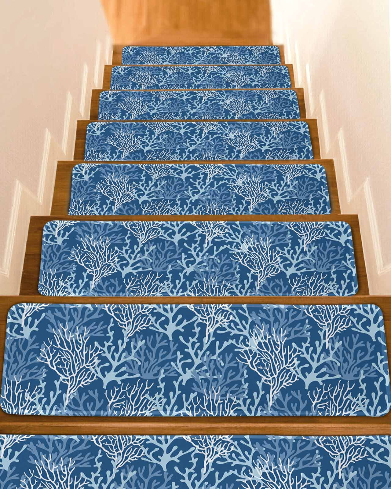 Navy Blue Coral Coastal Stair Treads for Wooden Steps Indoor Runner Rug ...