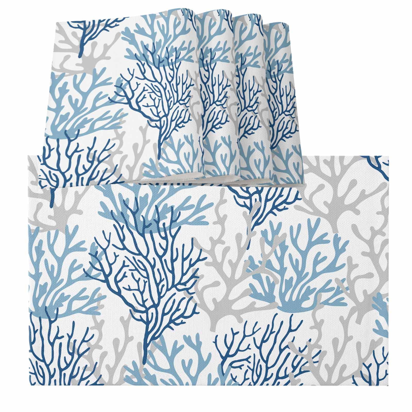 Navy Blue Coral Coastal Summer Beach Seaside Nautical Burlap Kitchen ...