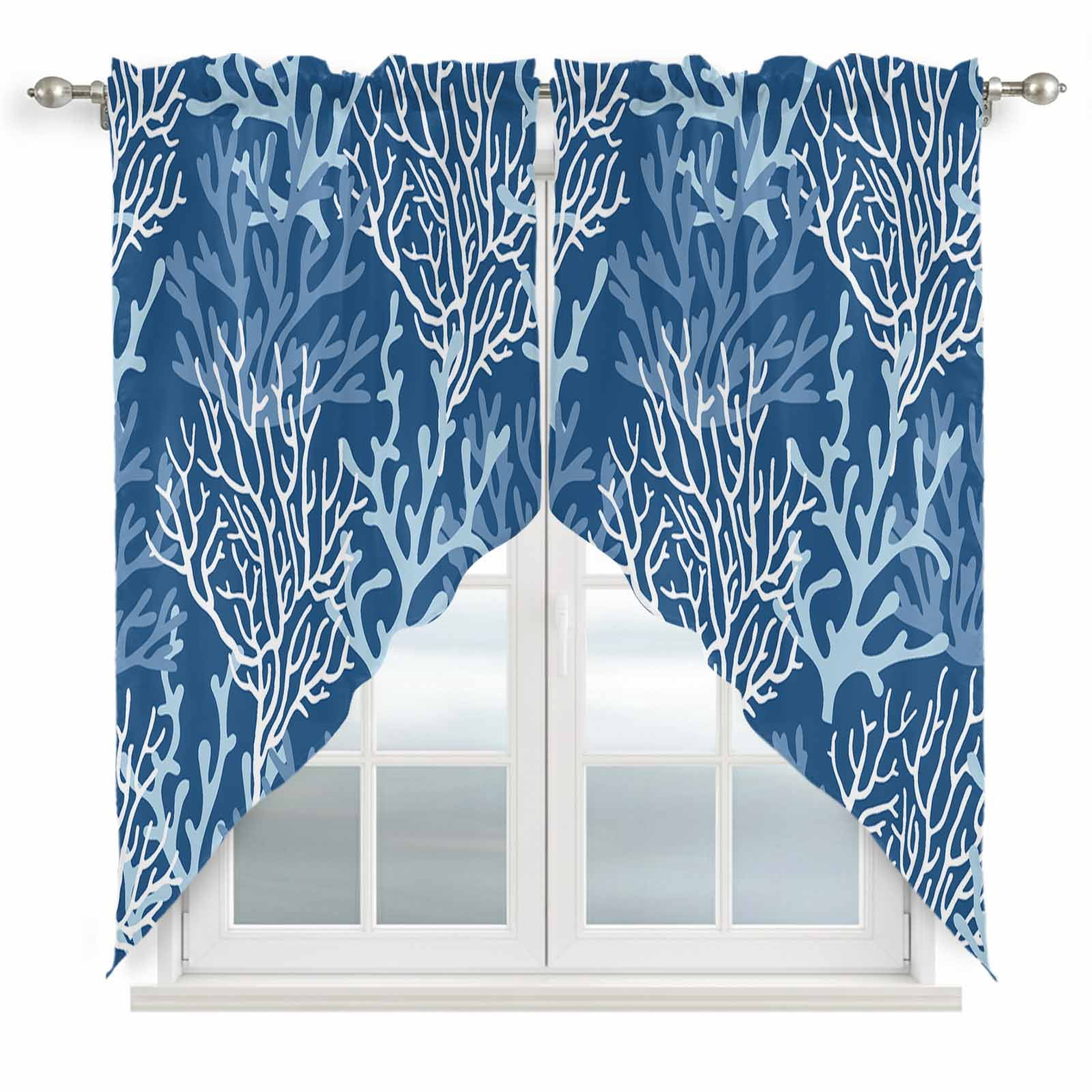 Navy Blue Coral Coastal Swag Curtain Valances, Ocean Nautical Seaside ...