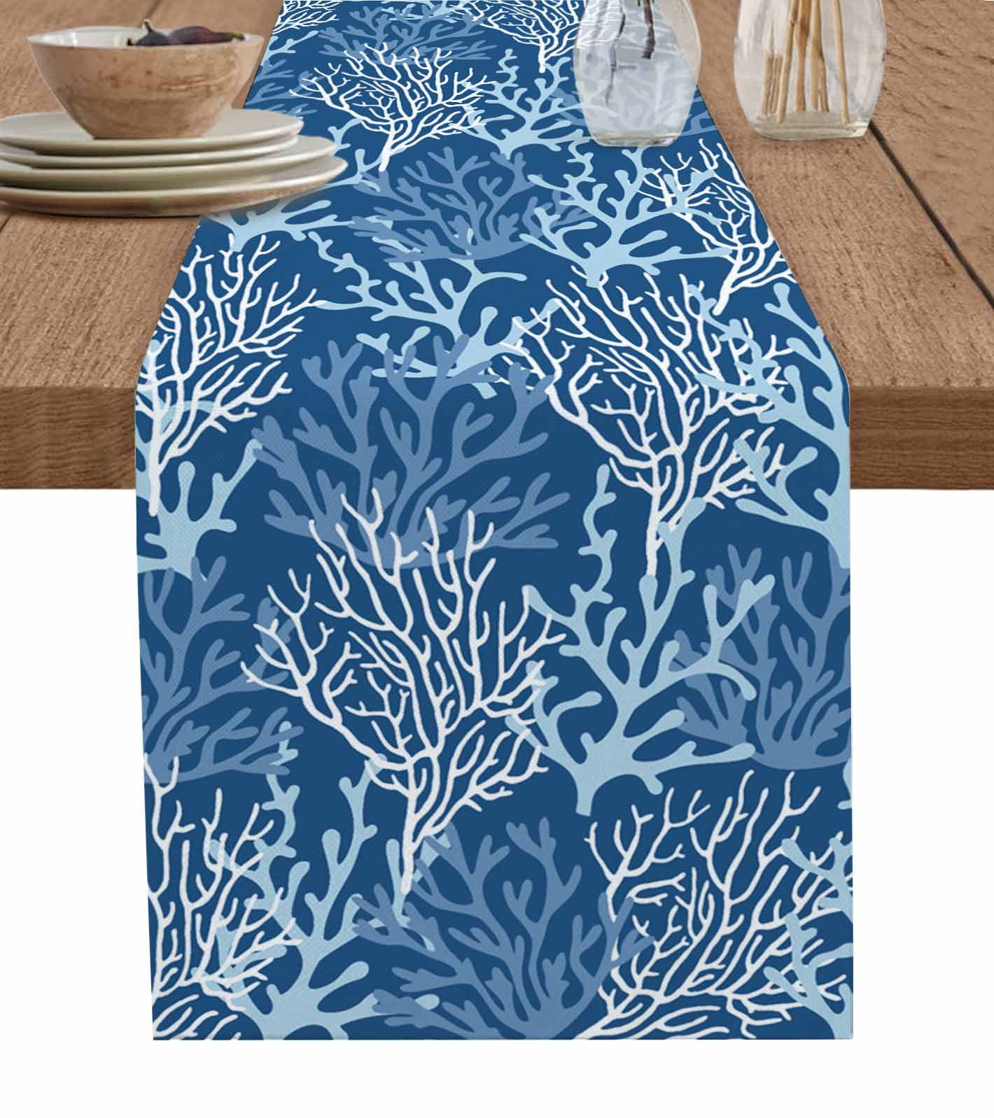 Navy Blue Coral Coastal Table Runner Ocean Nautical Seaside Beach ...