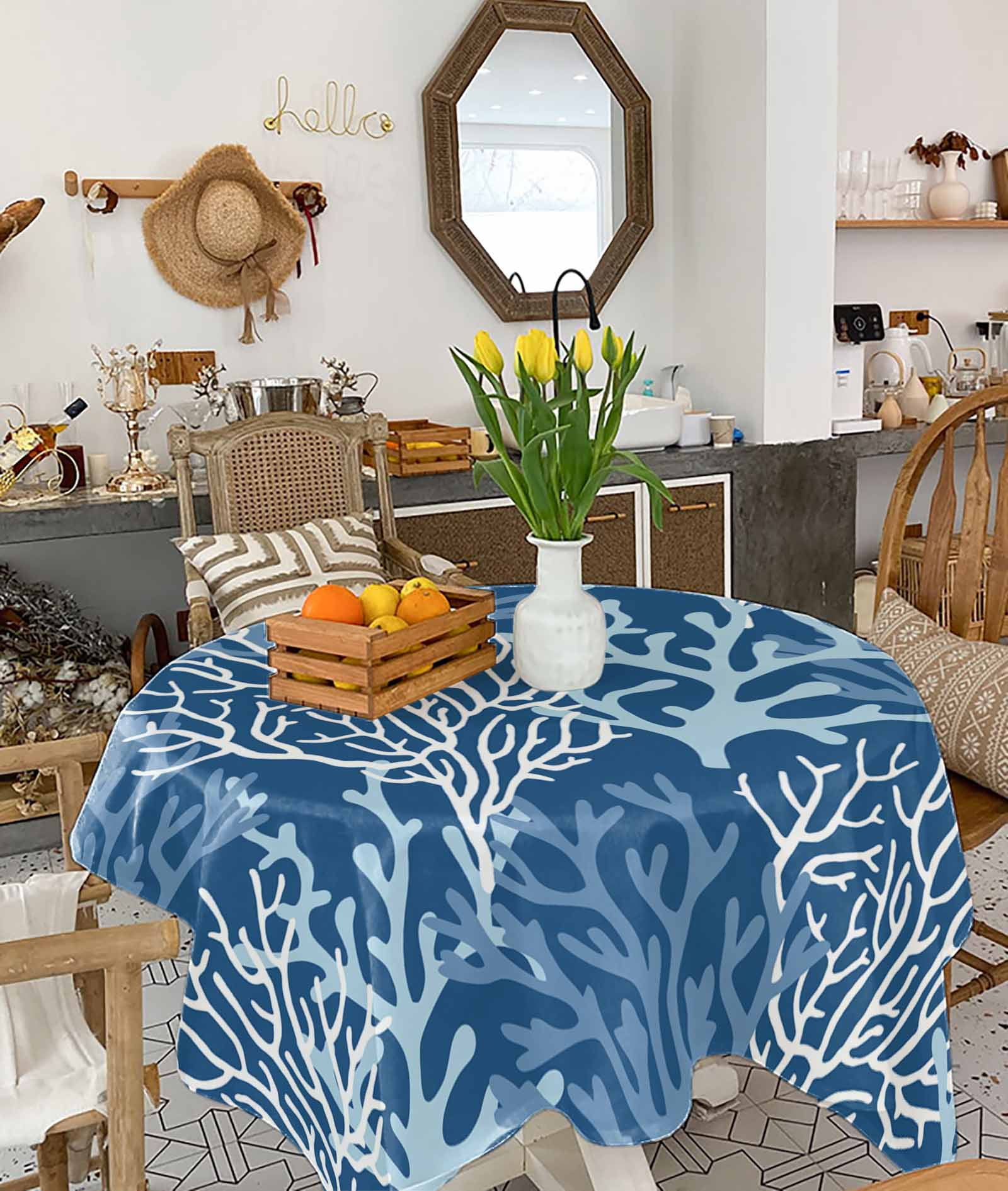 Navy Blue Coral Coastal Tablecloth Square Table Cloth 60x60 ...