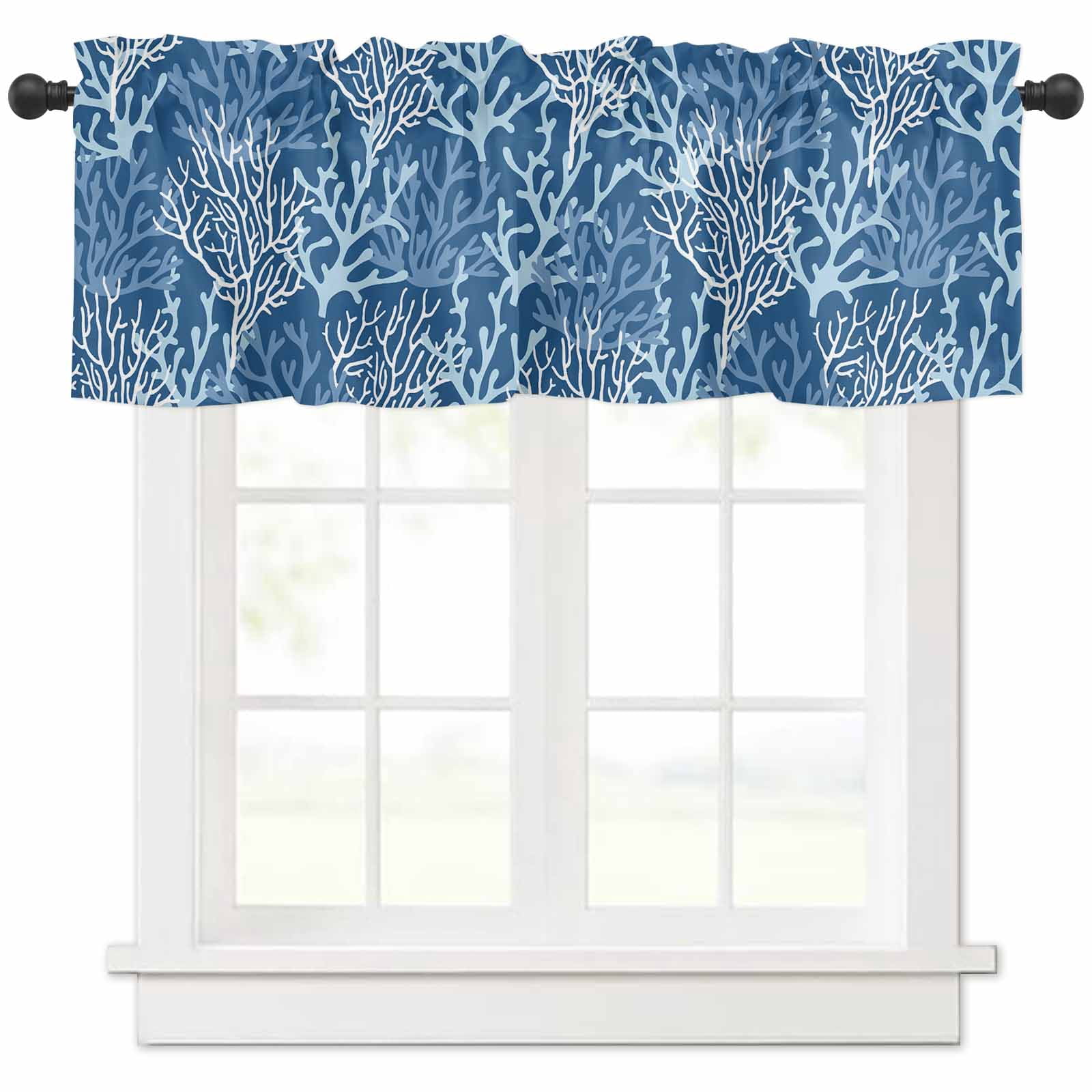 Navy Blue Coral Coastal Valances for Windows Farmhouse Kitchen Curtains ...