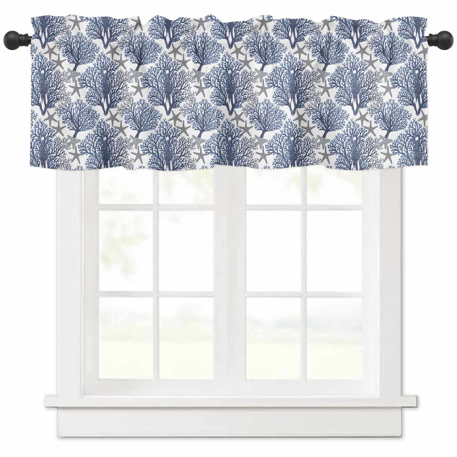 Navy Blue Coral Coastal Valances for Windows Farmhouse Kitchen Curtains ...
