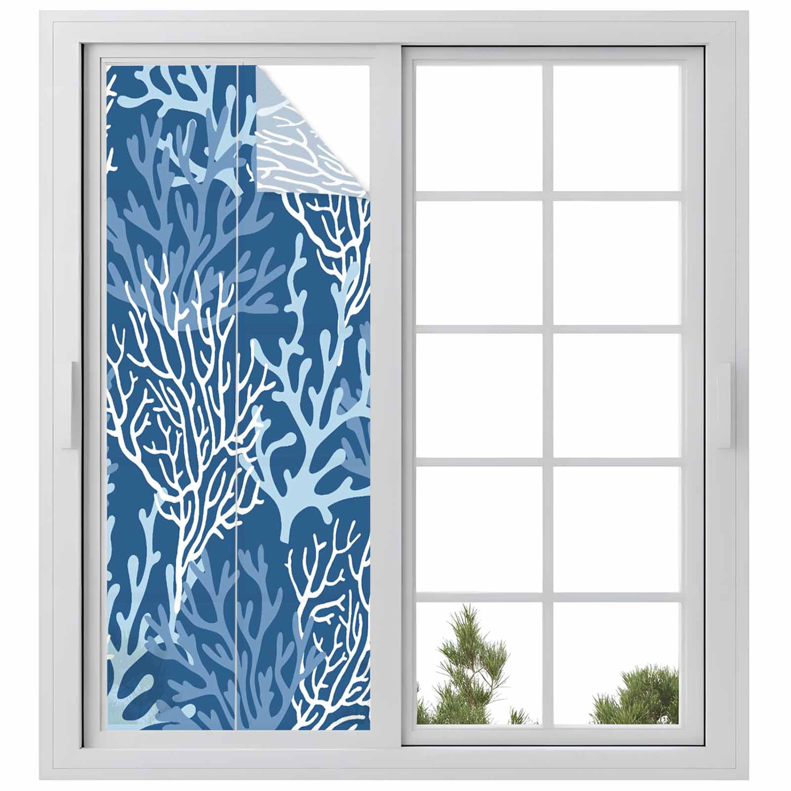Navy Blue Coral Coastal Window Privacy Film, Ocean Nautical Seaside ...