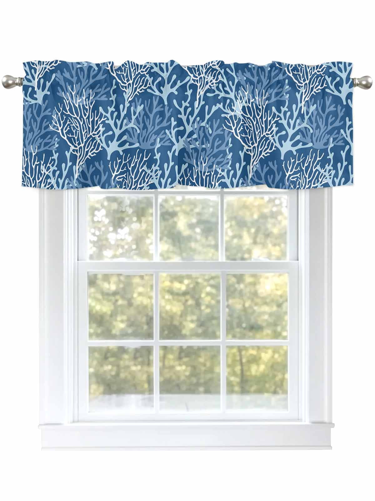 Navy Blue Coral Curtain Valances for Window, Farmhouse Window Valance ...