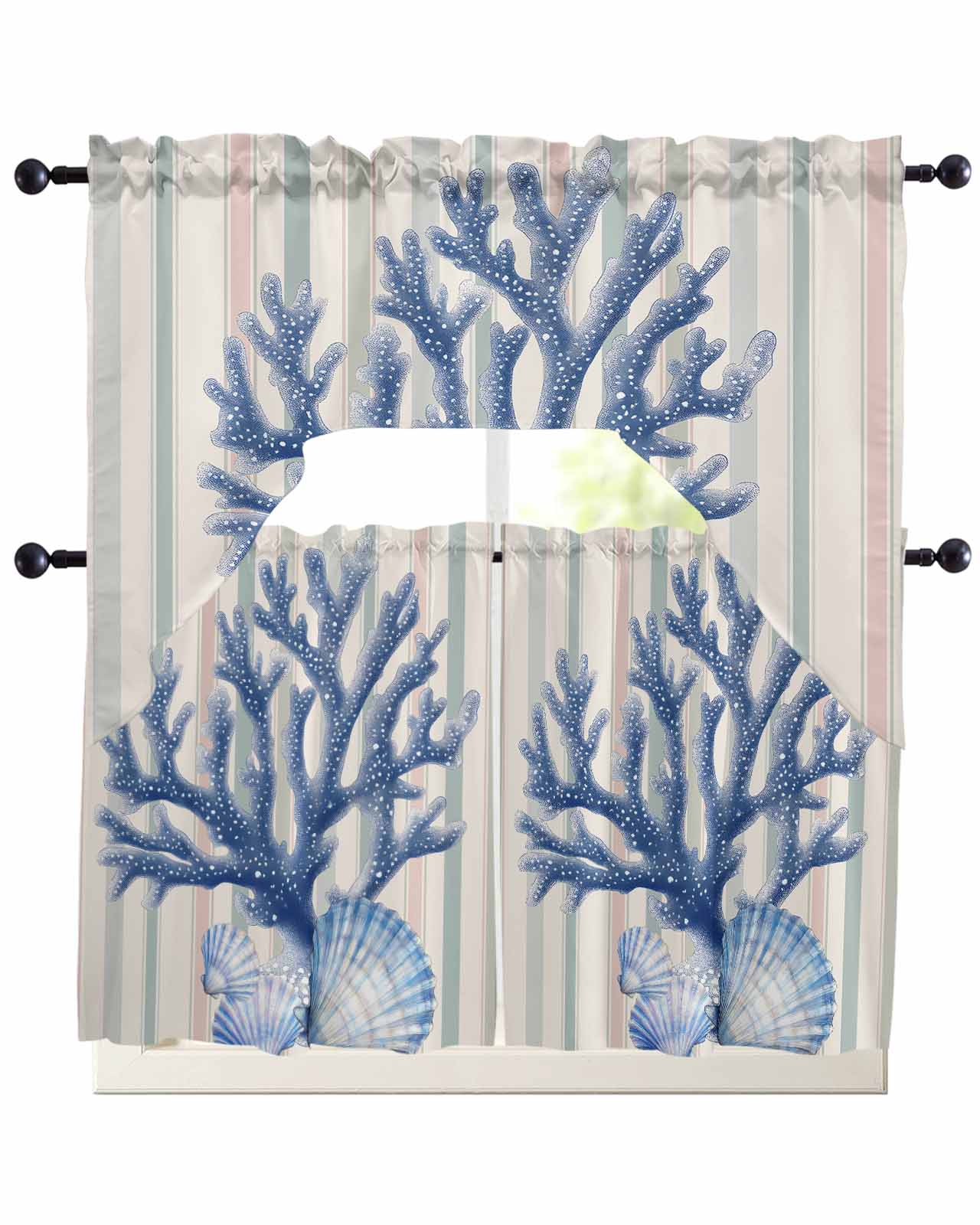Navy Blue Coral Kitchen Curtains Swag Valance and Tier Curtains Set 24 ...