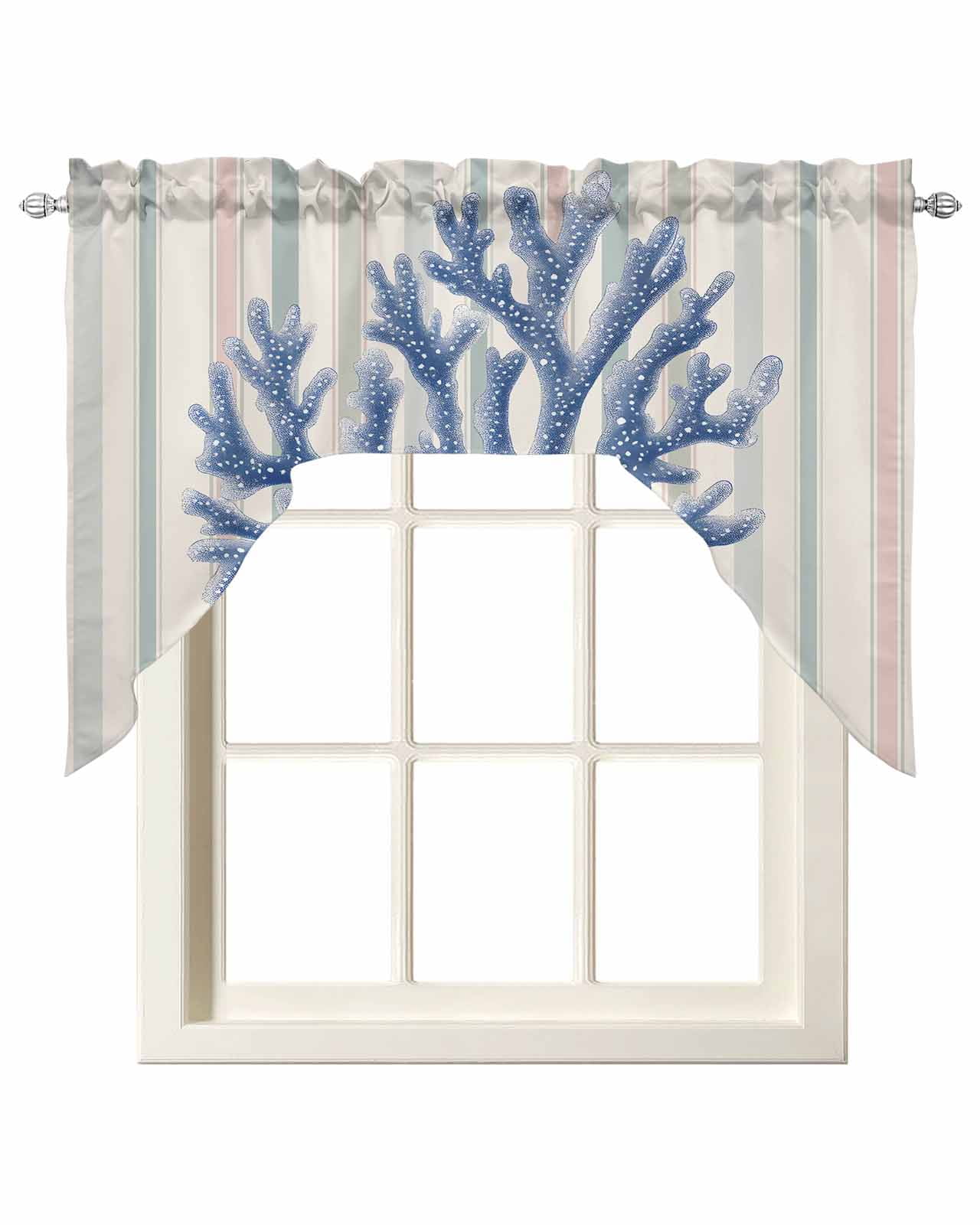 Navy Blue Coral Kitchen Curtains Swag Valance for Windows/Bathroom/Cafe ...