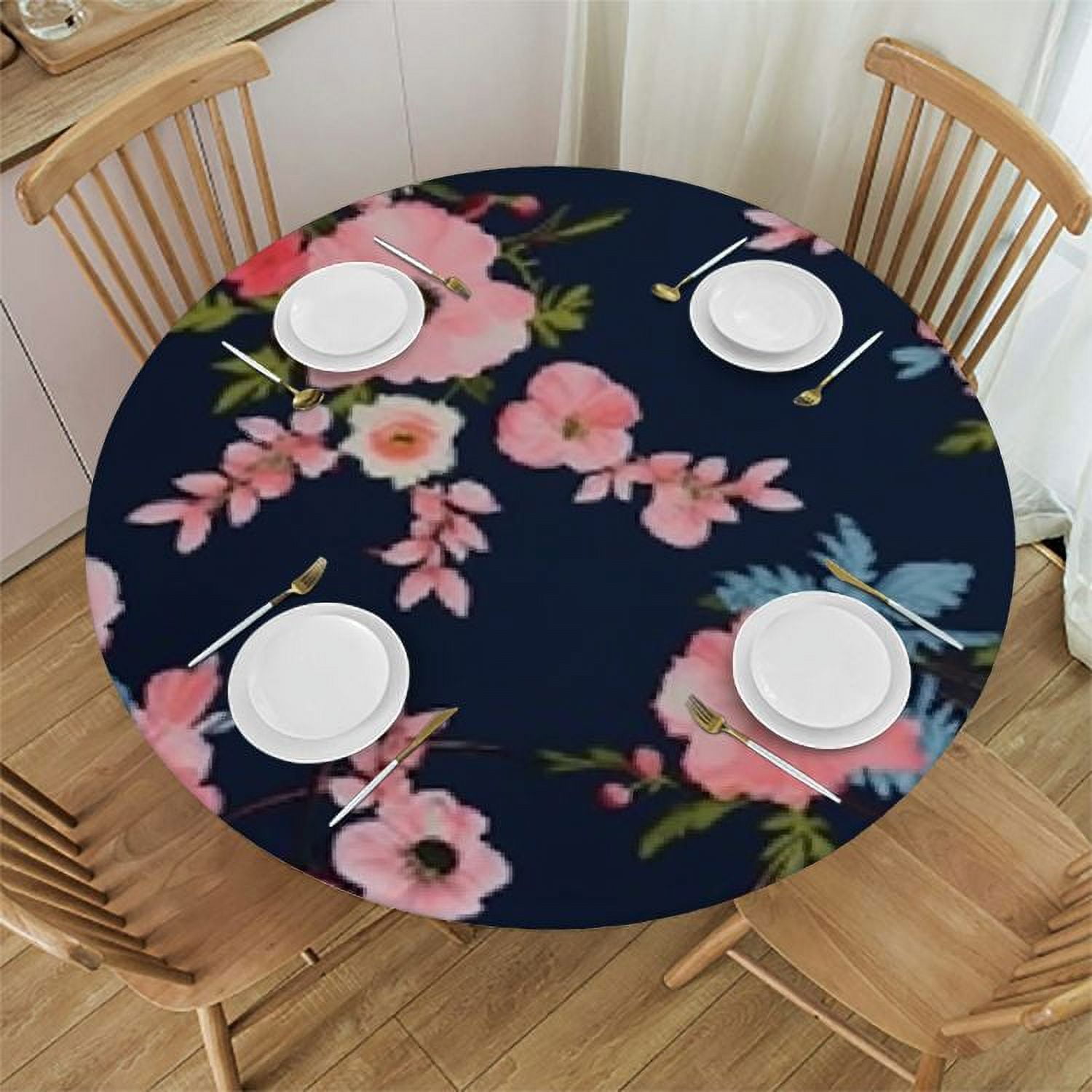 Navy Blue Coral Round Tablecloth Pink Garden Flora Vintage Petals Round ...