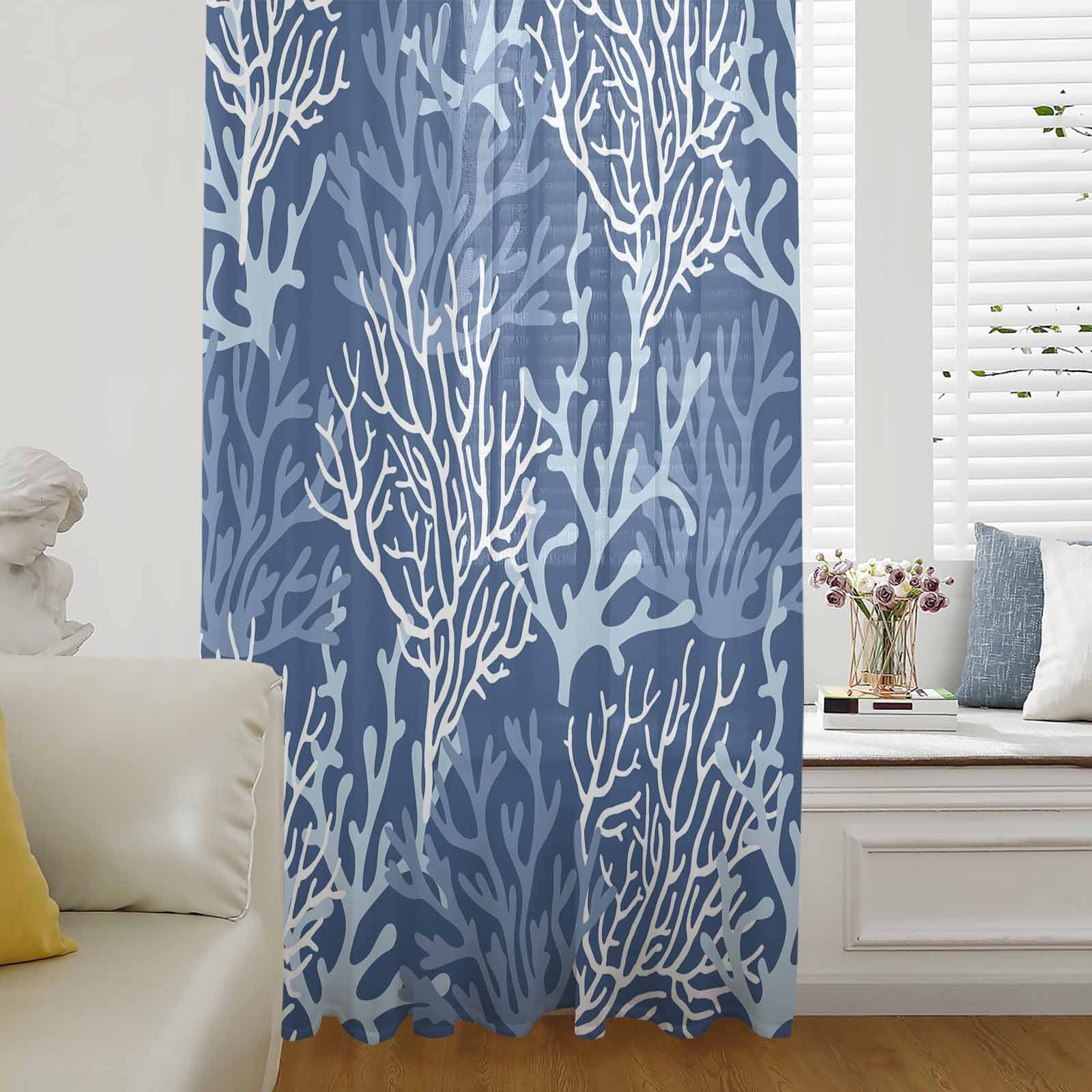Navy Blue Coral Window Curtain 63 Inches Long,Summer Beach Sea Abstract ...