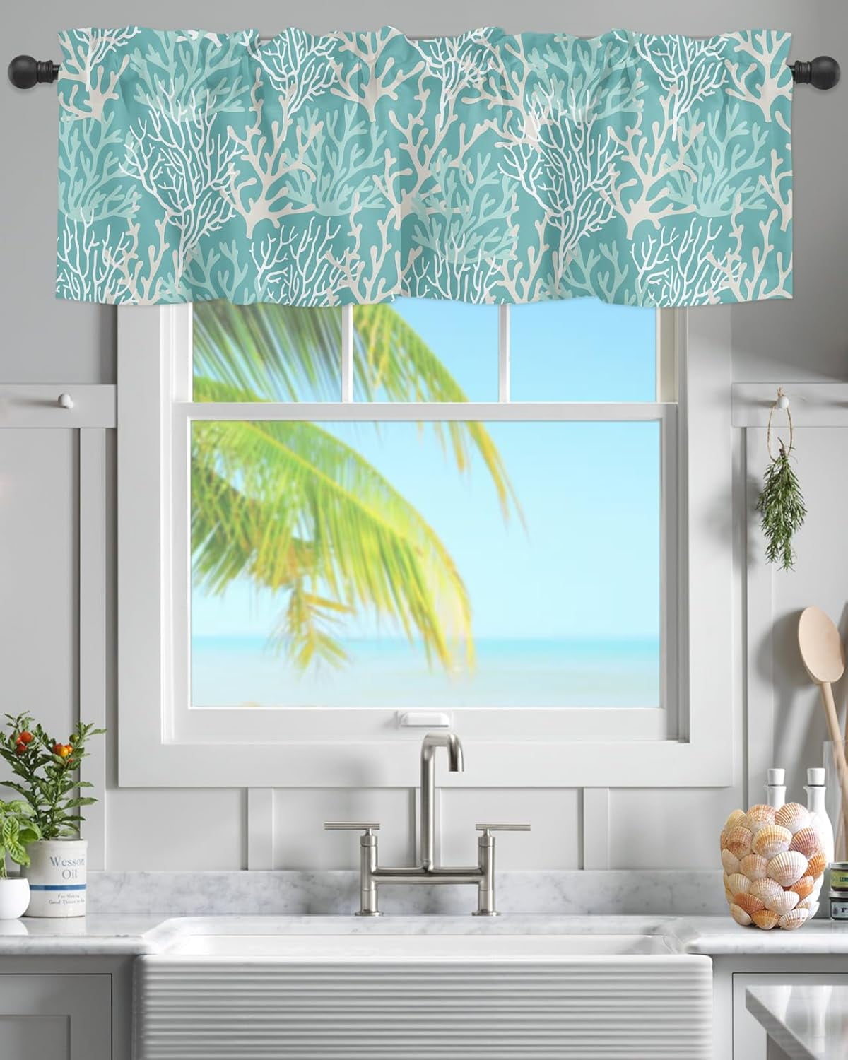 Navy Blue Coral Window Curtain Valances,Summer Ocean Valances for ...