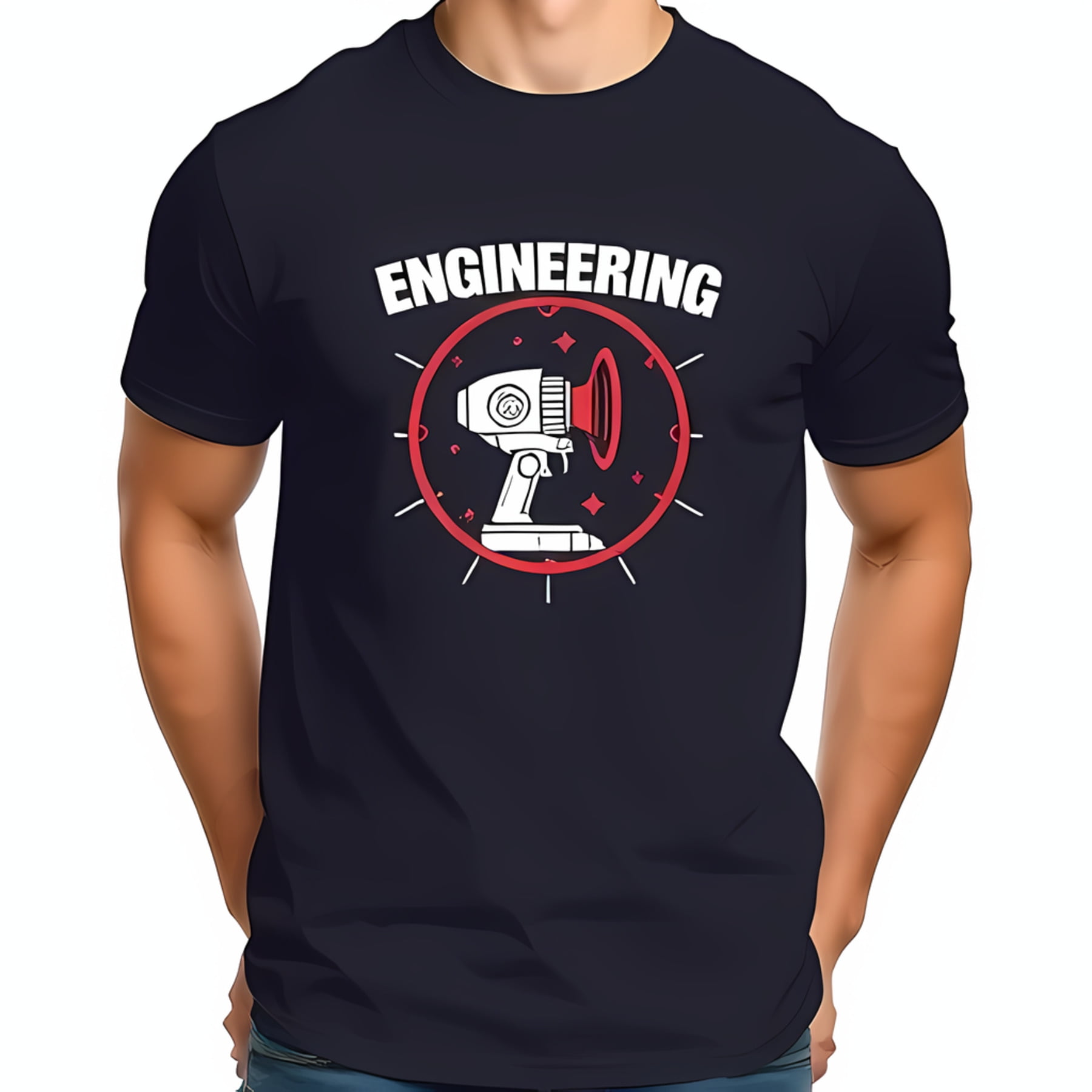Navy Blue Cotton Short Sleeve T-Shirt for Men - Bold 'ENGINEERING' Text & Arm Graphic Design ...