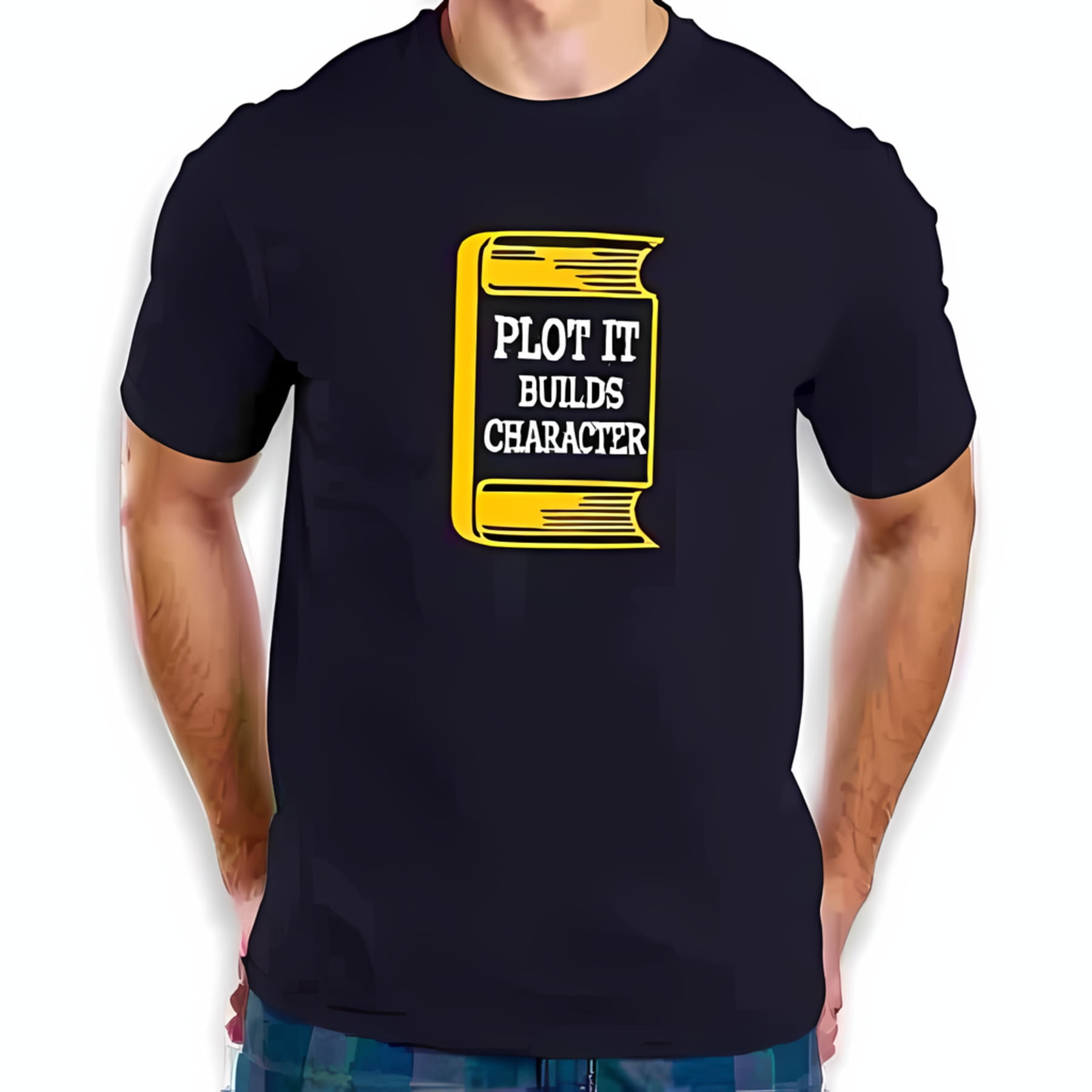 Navy Blue Cotton Short Sleeve T-Shirt with Bold Yellow 'PLOT IT BUILDS ...