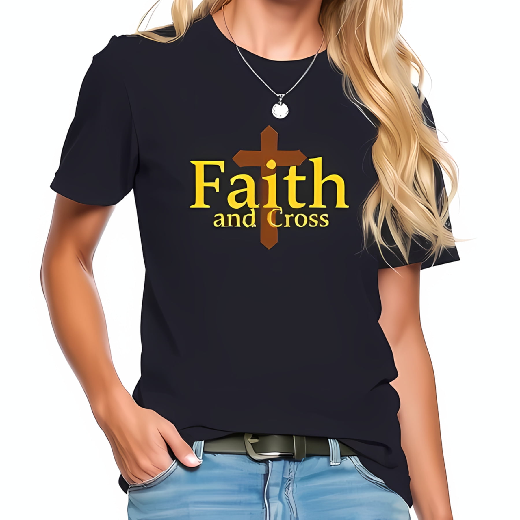 Navy Blue Cotton Short Sleeve T-Shirt with 'Faith and Cross' Graphic Design - Stylish Faith ...
