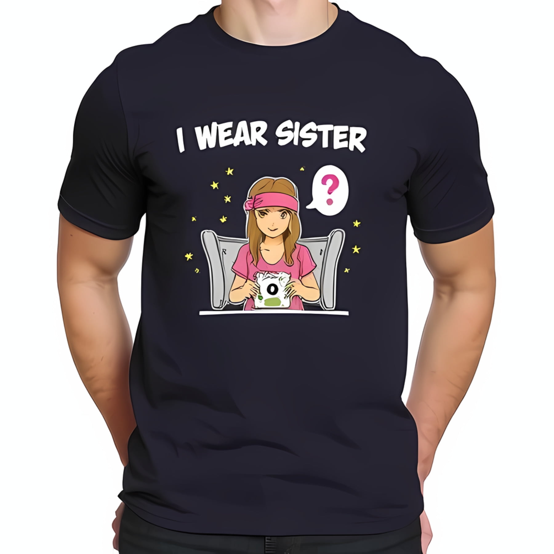 Navy Blue Cotton Short Sleeve T-Shirt with Humorous Cartoon Girl in Bed ...