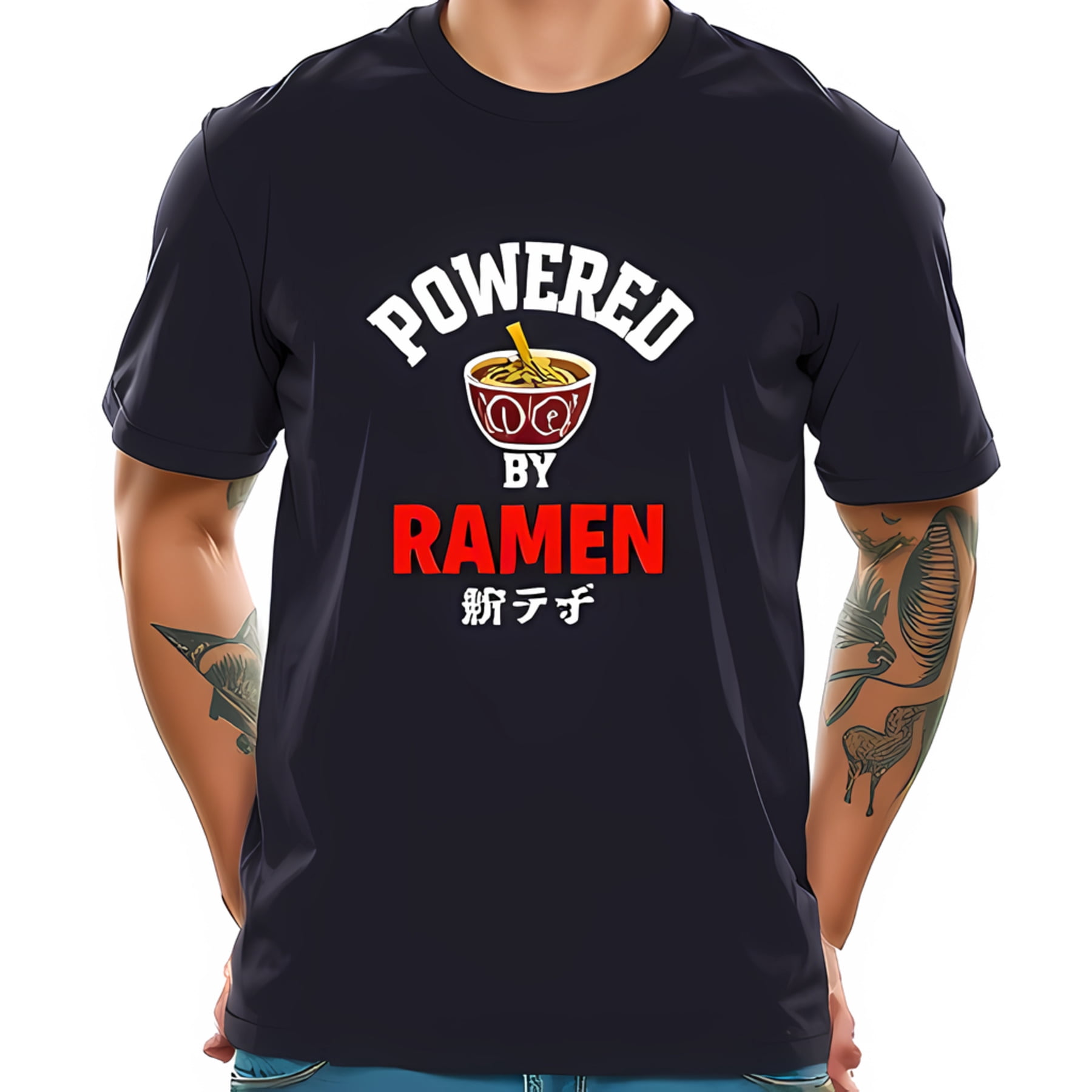 Navy Blue Cotton Short Sleeve T-Shirt with 'POWERED BY RAMEN' Graphic ...