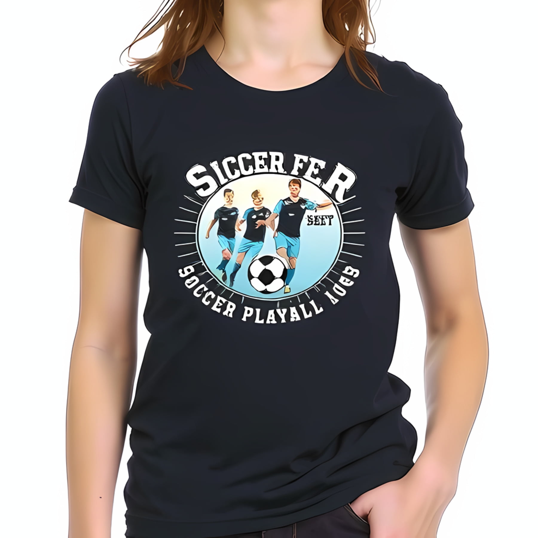 Navy Blue Cotton Short Sleeve T-Shirt with Playful 'SICCER F E R SOCCER ...