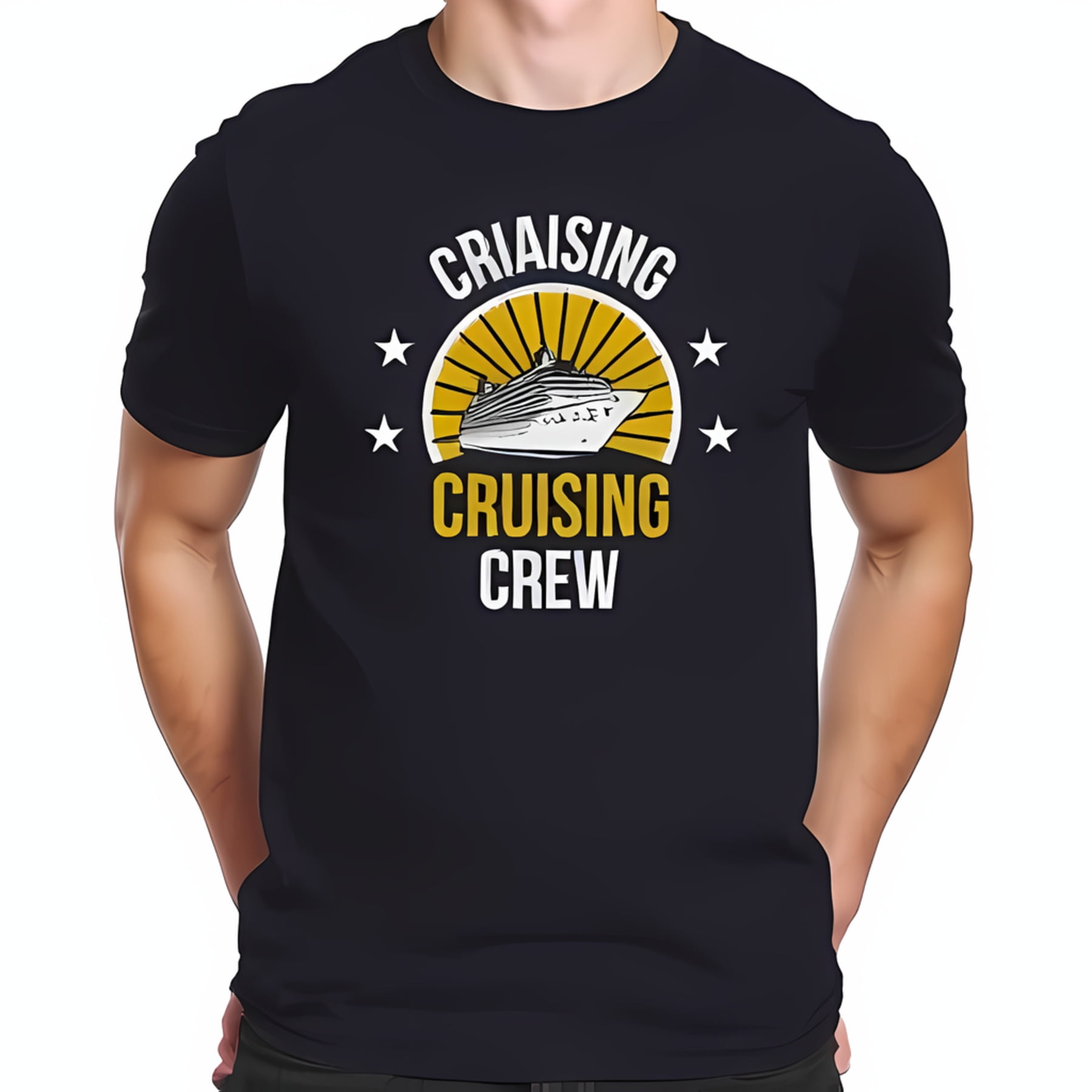 Navy Blue Cotton Short Sleeve T-Shirt with Retro Cruise Ship Graphic ...