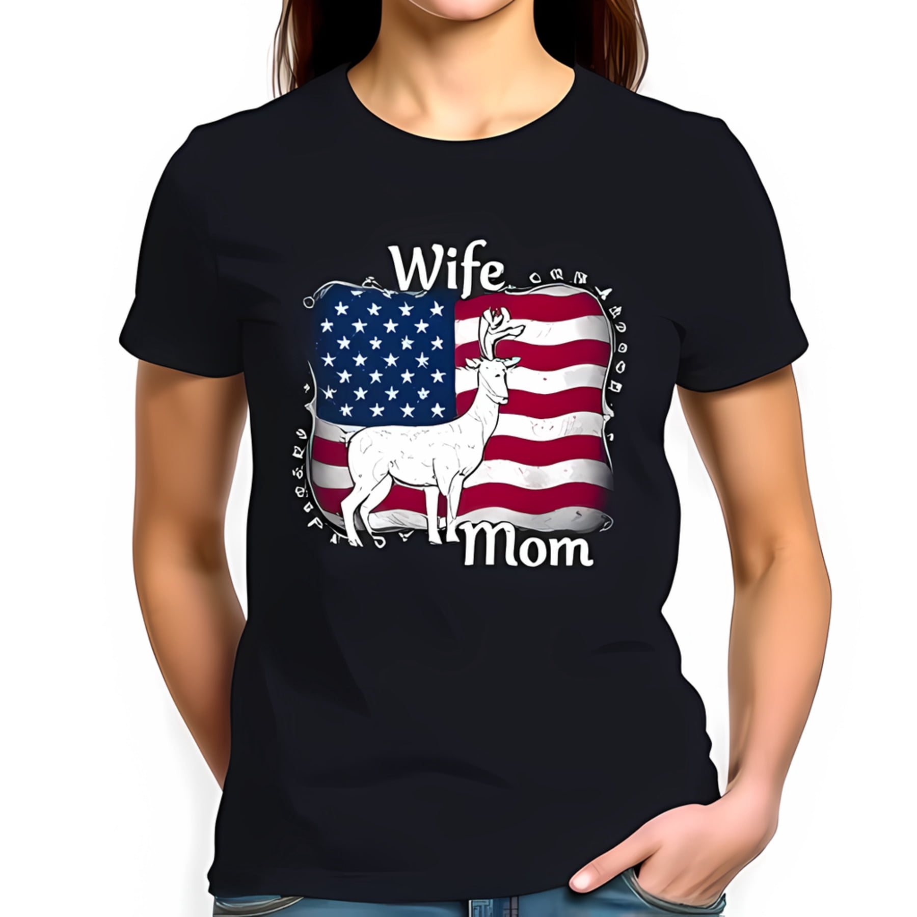 Navy Blue Cotton Short Sleeve T-Shirt with Whimsical 'Wife' & 'Mom ...