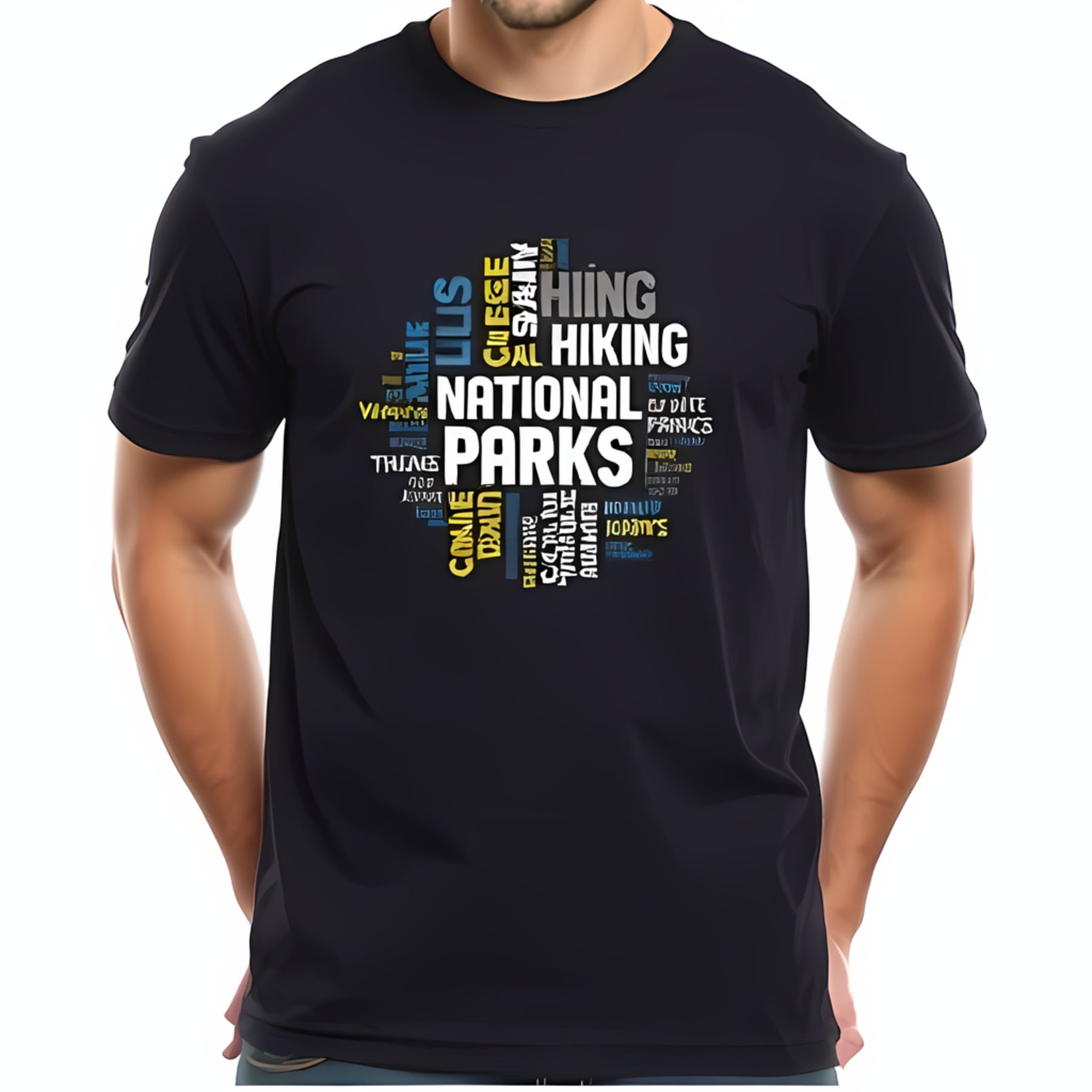 Navy Blue Cotton Short Sleeve T-Shirt with Yellow & Light Blue Word ...