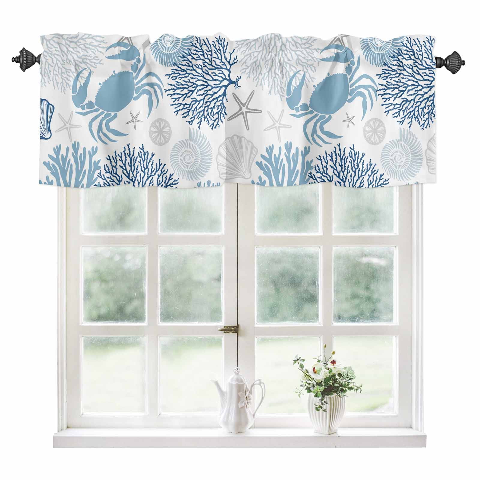 Navy Blue Crab Coastal Kitchen Valances for Windows 42x12 Inch Kitchen ...