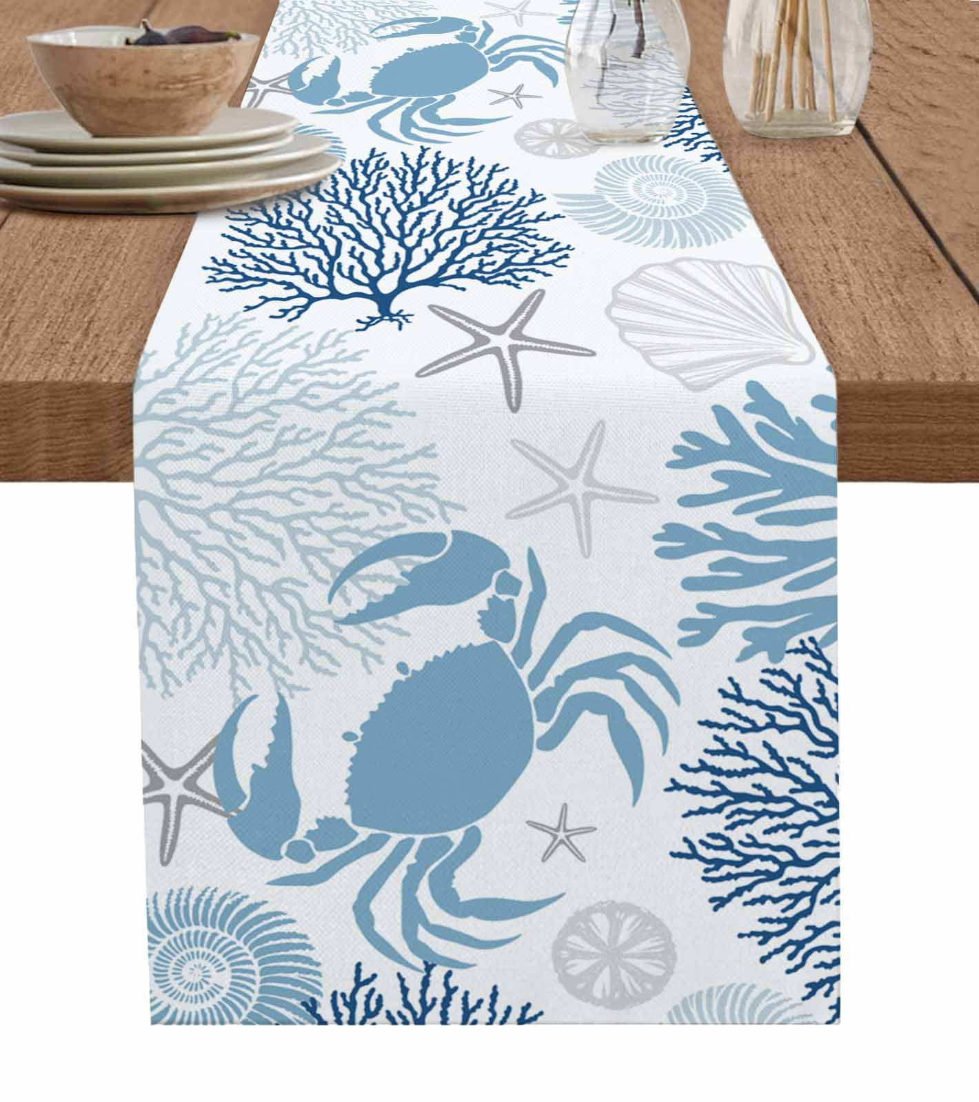 Navy Blue Crab Coastal Table Runner 70 Inches, Summer Coral Nautical ...