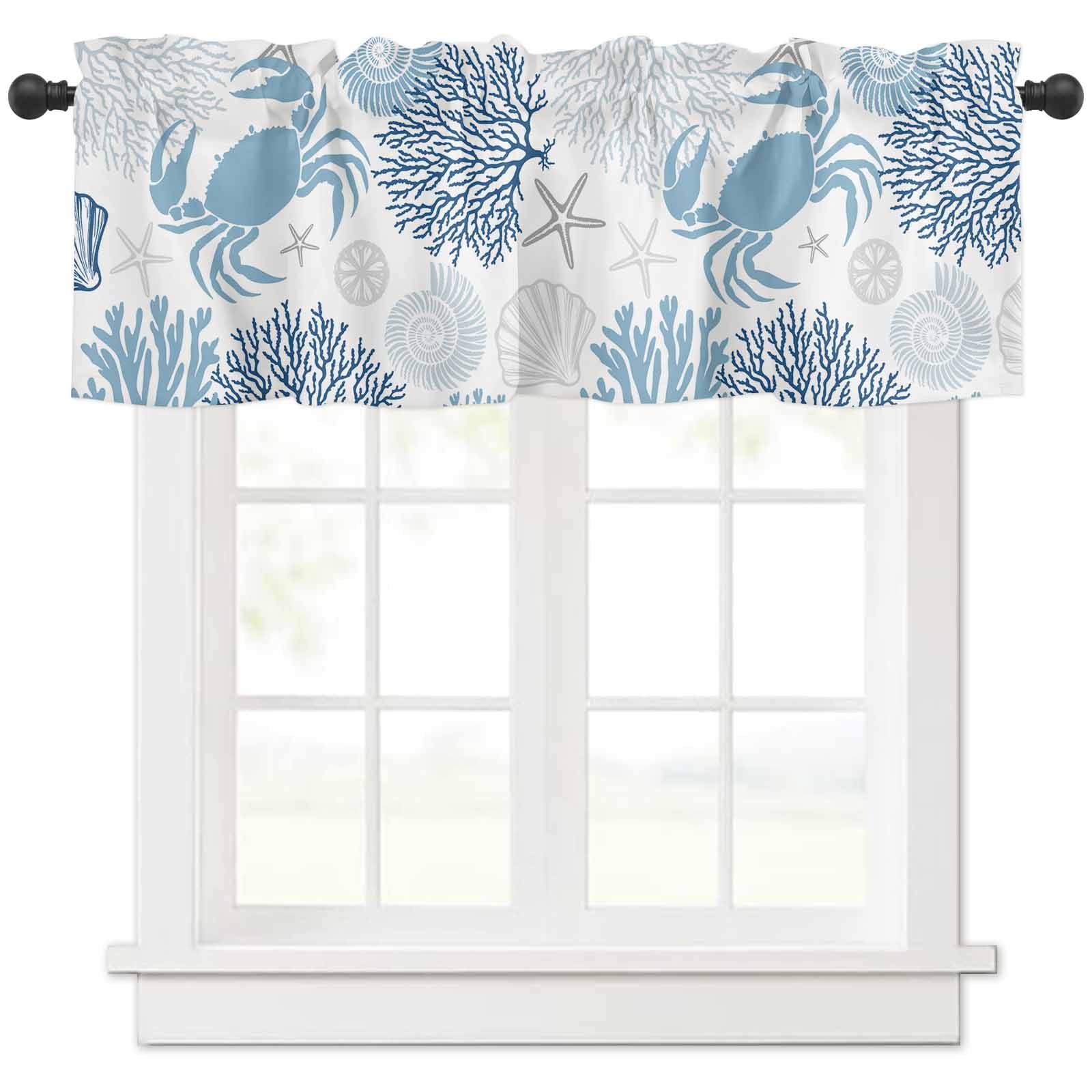 Navy Blue Crab Coastal Valances for Windows Farmhouse Kitchen Curtains ...