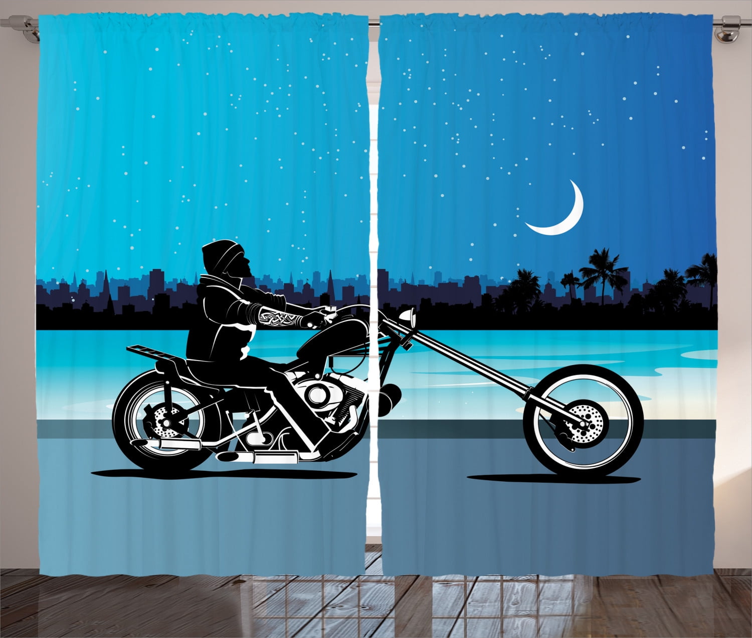 Navy Blue Curtains 2 Panels Set, Art with Chopper Motorcycle Biker ...