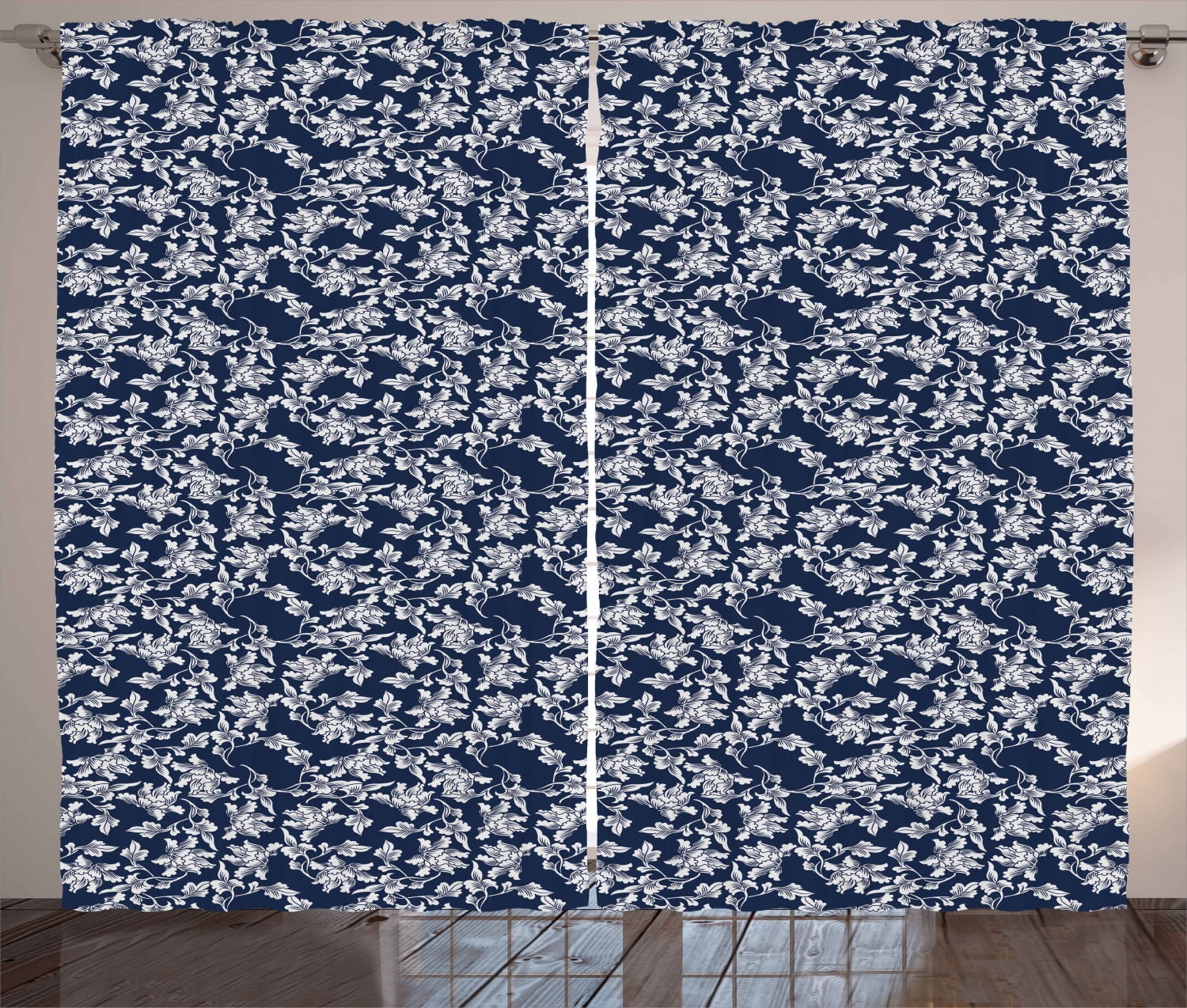 Ambesonne Navy Blue Curtains 2 Panel Set, Floral Botanic Design, 108" x ...