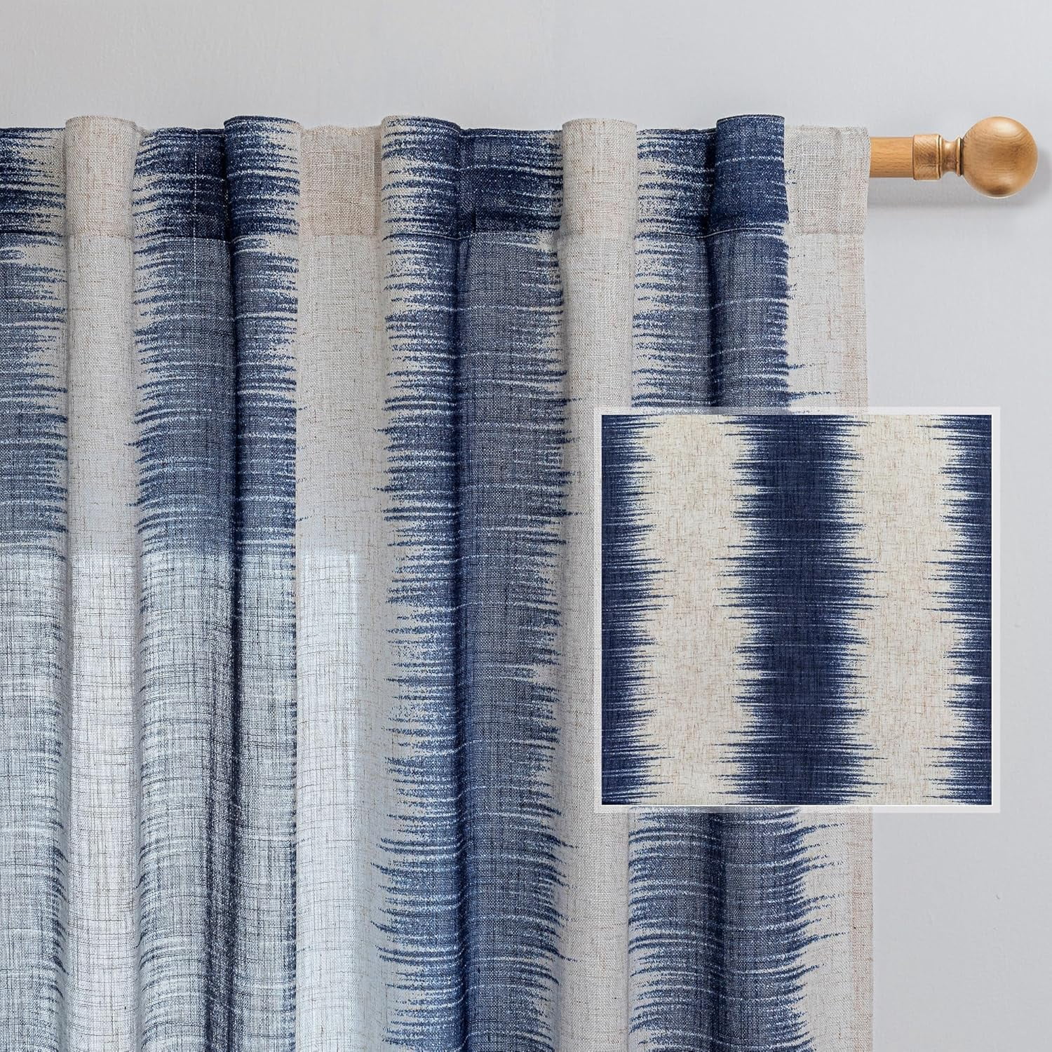 Navy Blue Curtains 95 Inch Length 2 Panels Set, Soft Touch Semi Sheer Lines Printed Linen Look ...